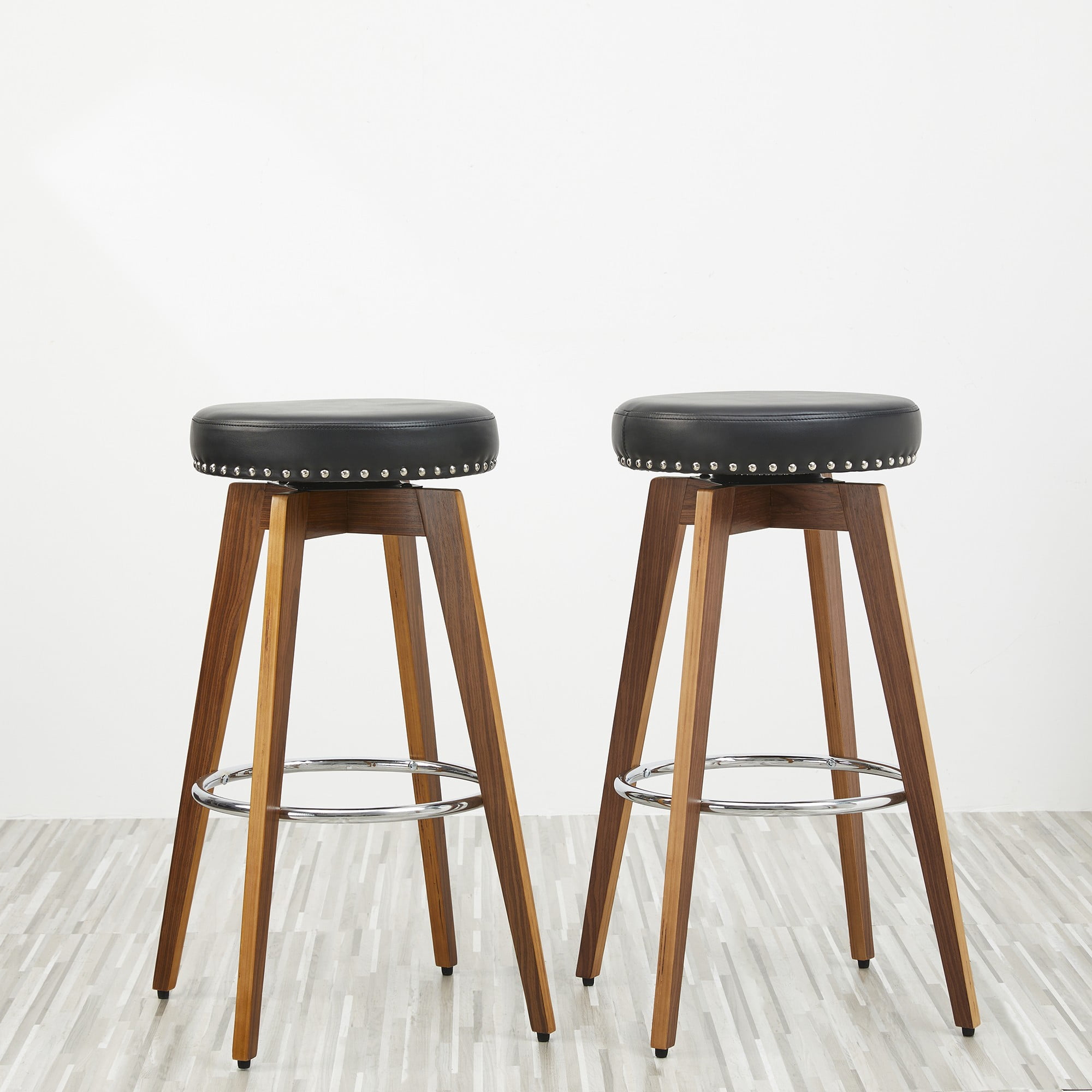 Glitzhome Set of 2 Bar Stool with Swivel Black PU Leather Seat and Wood ...