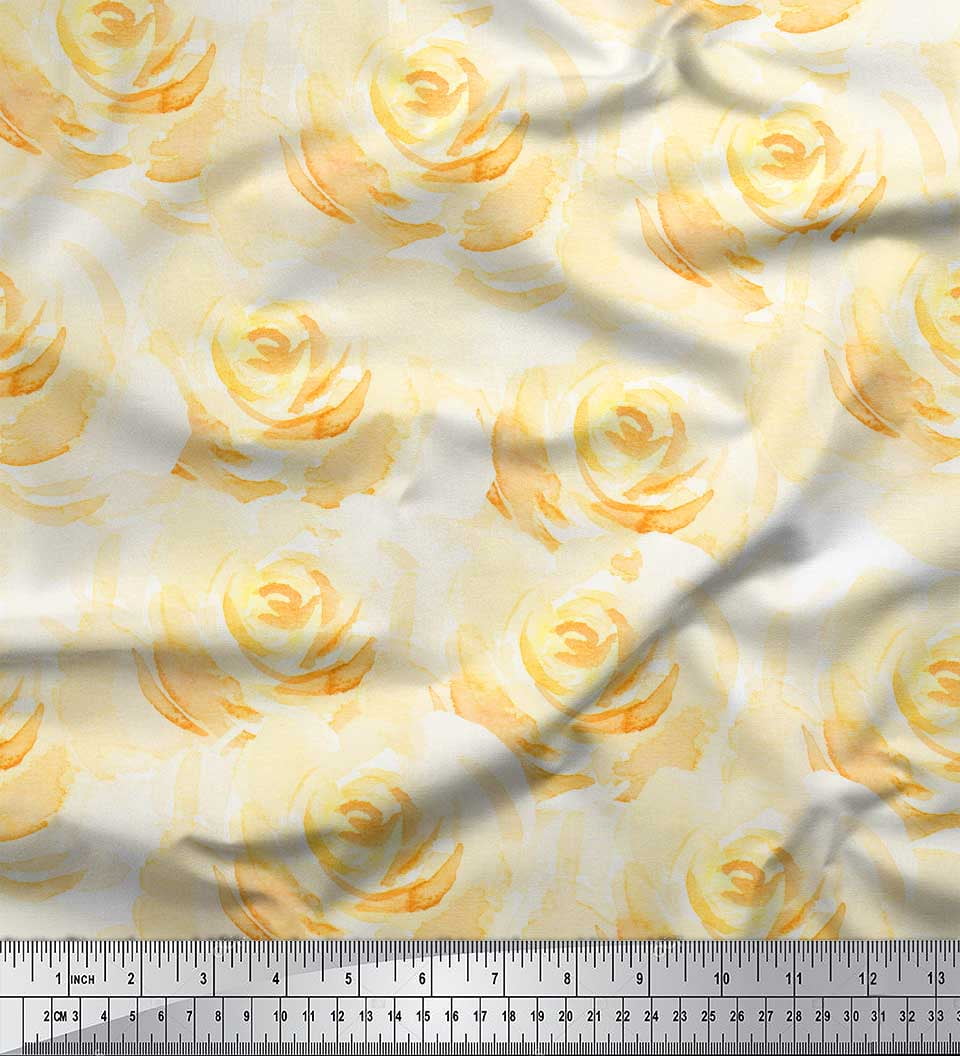 Soimoi Yellow Japan Crepe Satin Fabric Rose Floral Fabric Prints By ...