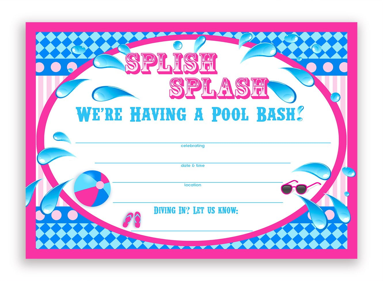 Splish Splash Pool Party LARGE Invitations Pink - 10 Invitations 10 ...