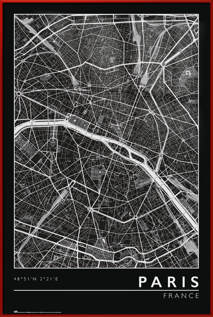 Map Of Paris France - Framed B&W Poster (Streets Of Paris by Night ...