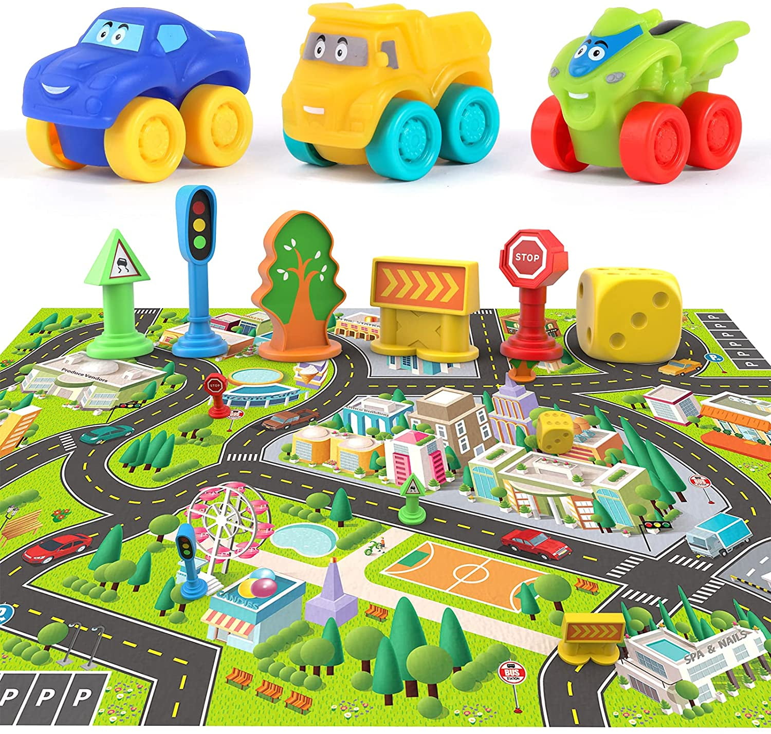 ICHUDAN Cartoon Car Toy with Play Mat, Kids Toys Car for Girls Boys ...