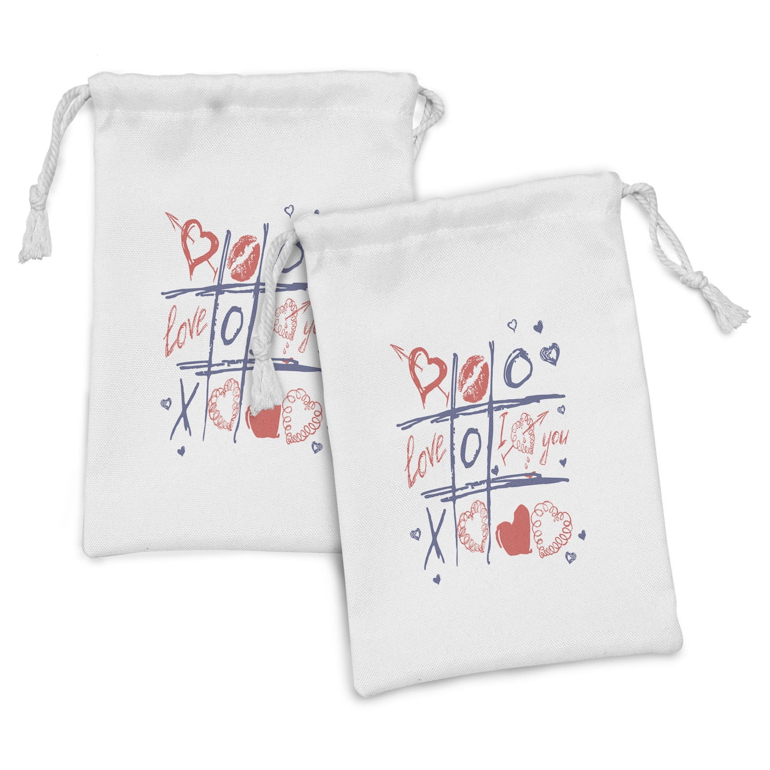 XOXO Fabric Pouch Set of 2, Love Essential Tic Tac Toe Game Hearts Lips ...