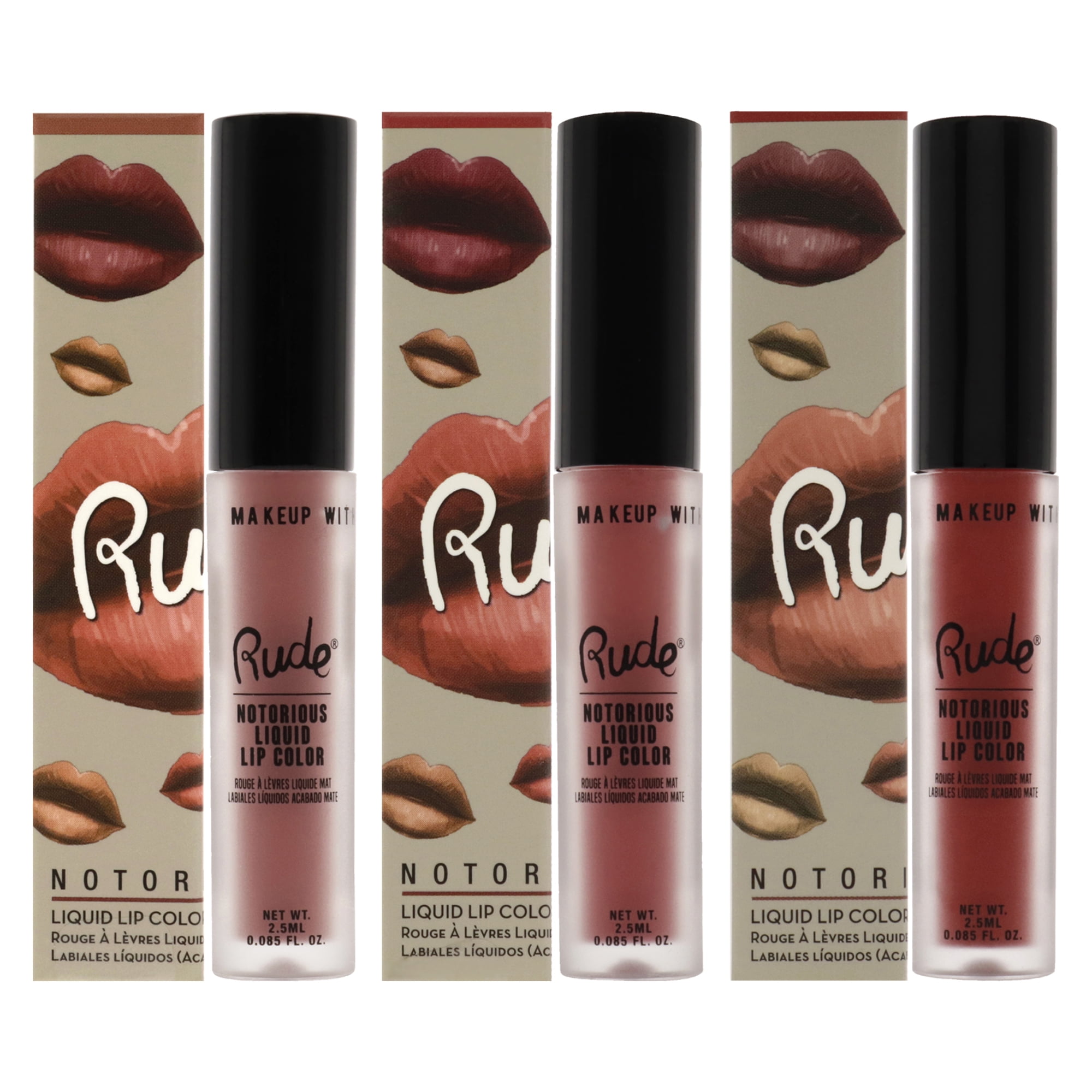Rude Cosmetics Notorious Rich Long Liquid Lip Color Kit , 3 Pc Kit 3 X ...