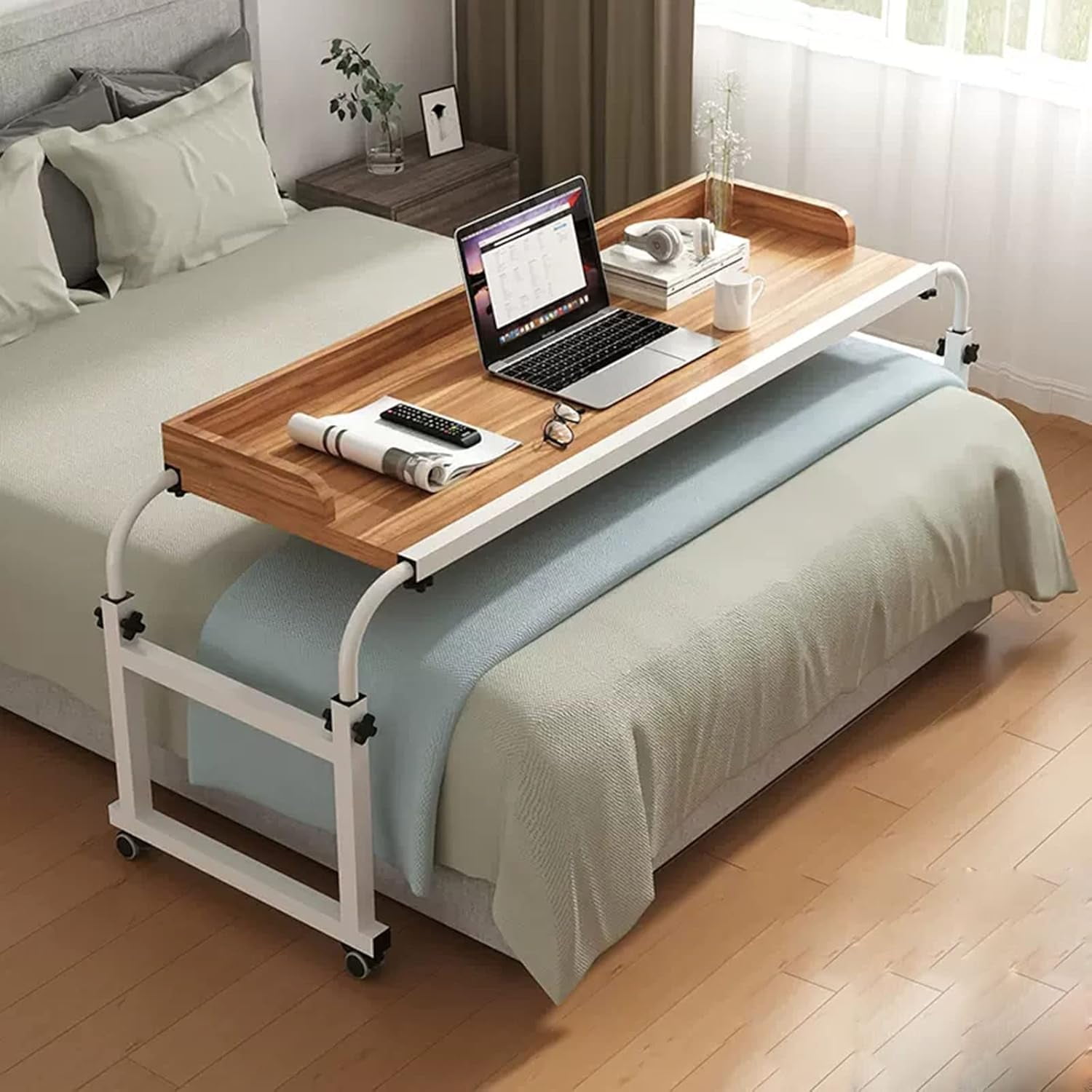 Extendable Rolling Overbed Table, Height & Length Adjustable Bedside ...