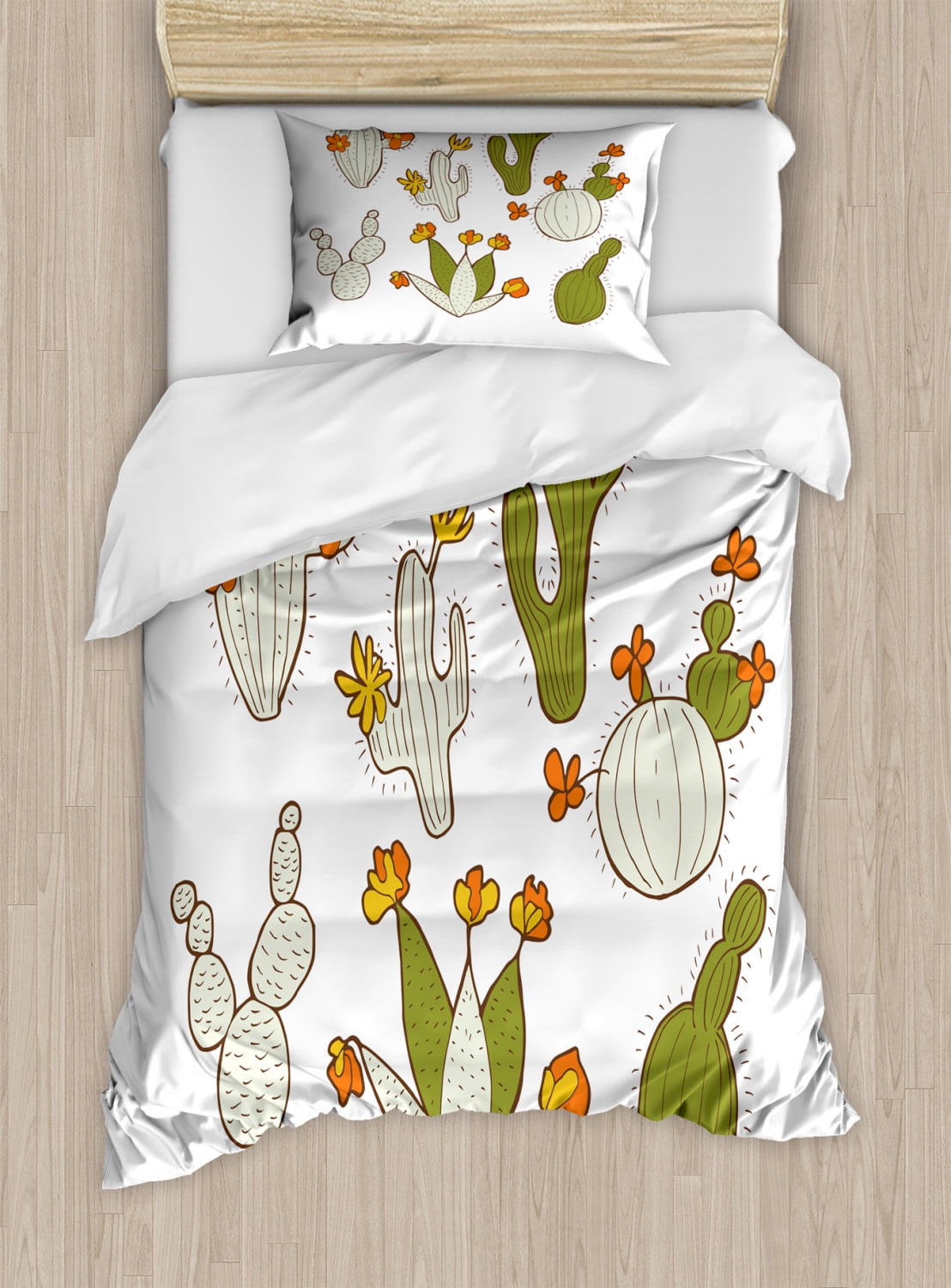Cactus Twin Size Duvet Cover Set, Cute Doodle Cacti with Flowers Exotic ...