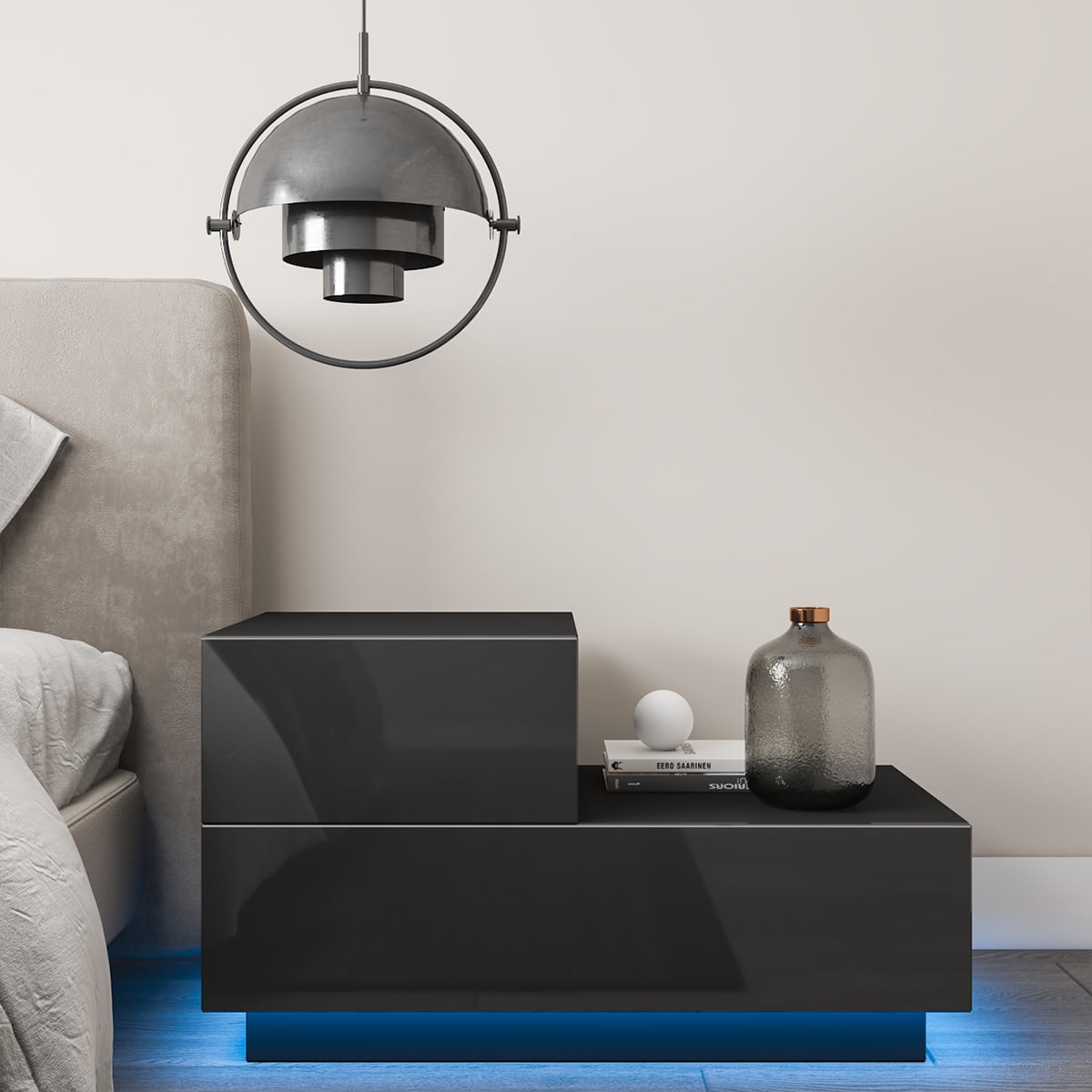 Hommpa High Gloss LED Nightstand with 2 Drawer Modern Wooden Bedside ...