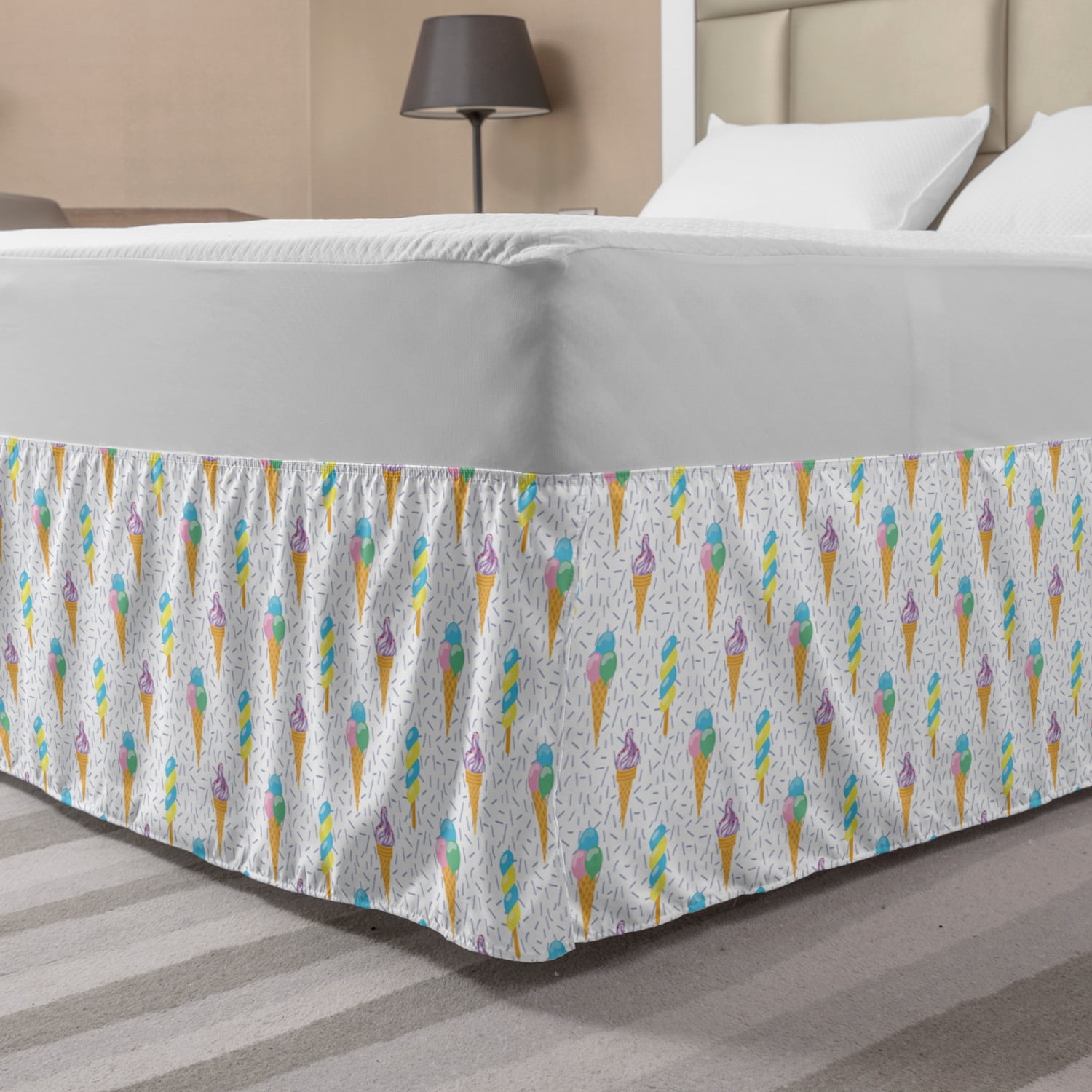 Ice Cream Bed Skirt, Summer Ice Dessert Art Pattern with Waffle Cones ...