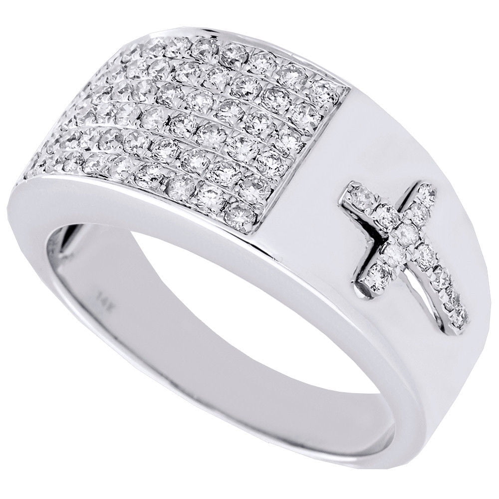 Diamond Cross Pinky Ring Mens 14K White Gold Engagement Wedding Band 0. ...