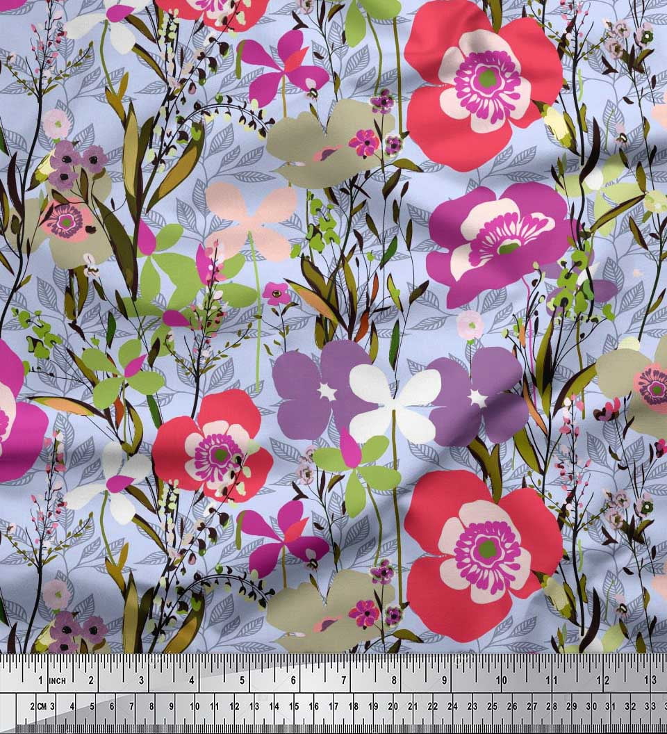 Soimoi Blue Rayon Fabric Leaves & Floral Artistic Print Fabric by Yard ...
