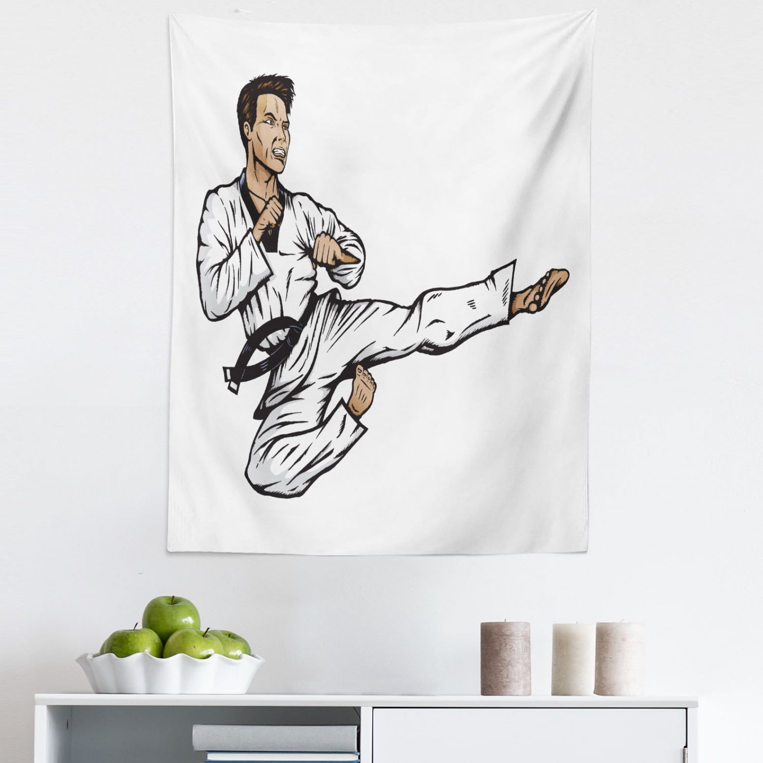 Karate Tapestry, Senpai with Black Belt Jump Side Kicking Martial Arts ...