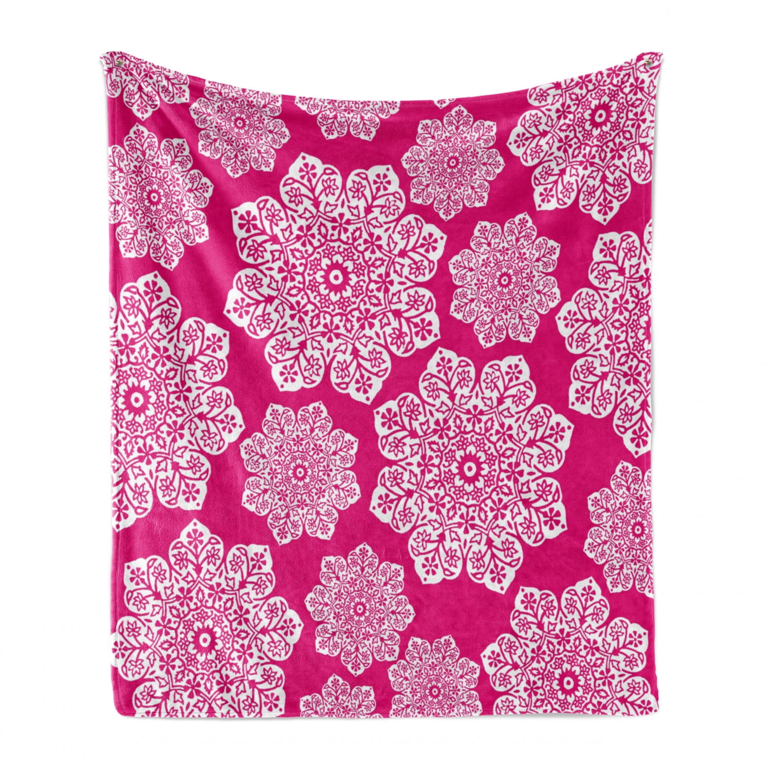 Hot Pink Soft Flannel Fleece Blanket, White Floral Design Ornate ...