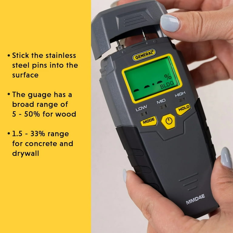 General Tools MMD4E Digital Moisture Meter Pin Type with Alerts Extra Pins 9V Battery