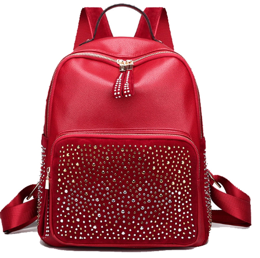 Zzfab Rhinestone Backpack PU Leather Backpack Red - Walmart.com