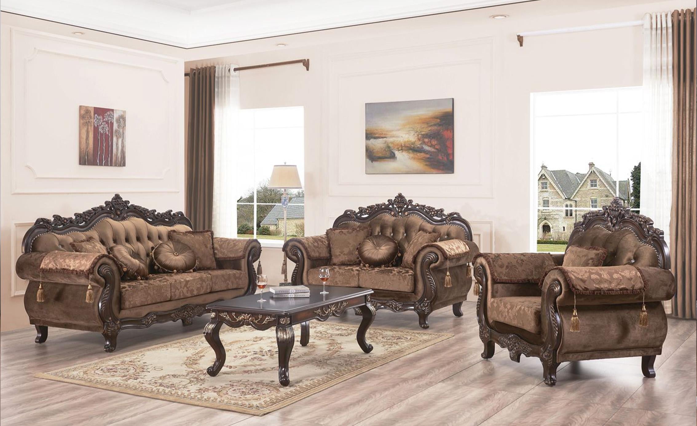 Dark Walnut Carved Wood Sofa Set 2Pcs McFerran SF2267 Classic ...
