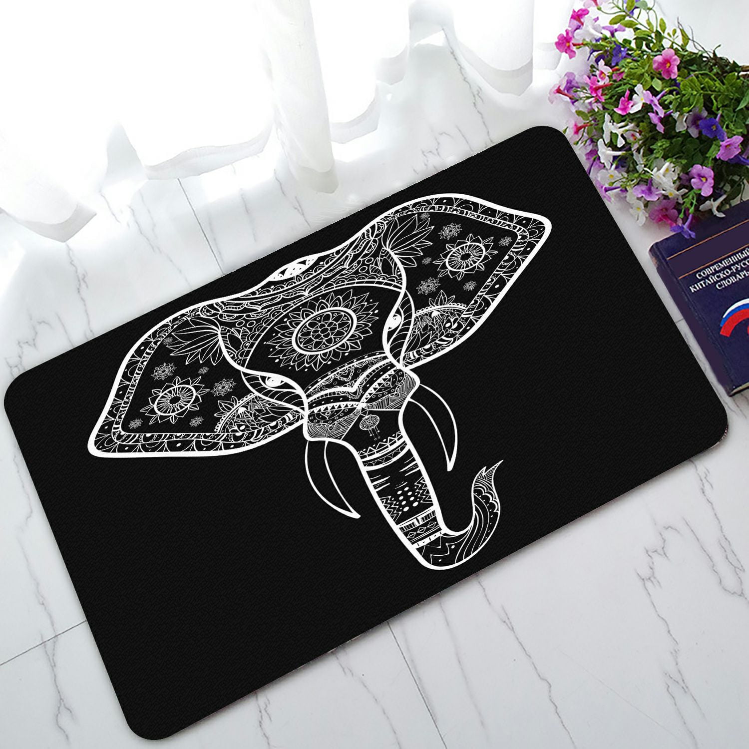 ABPHQTO Black And White Henna Elephant Head Doormat Entrance Rug Area ...