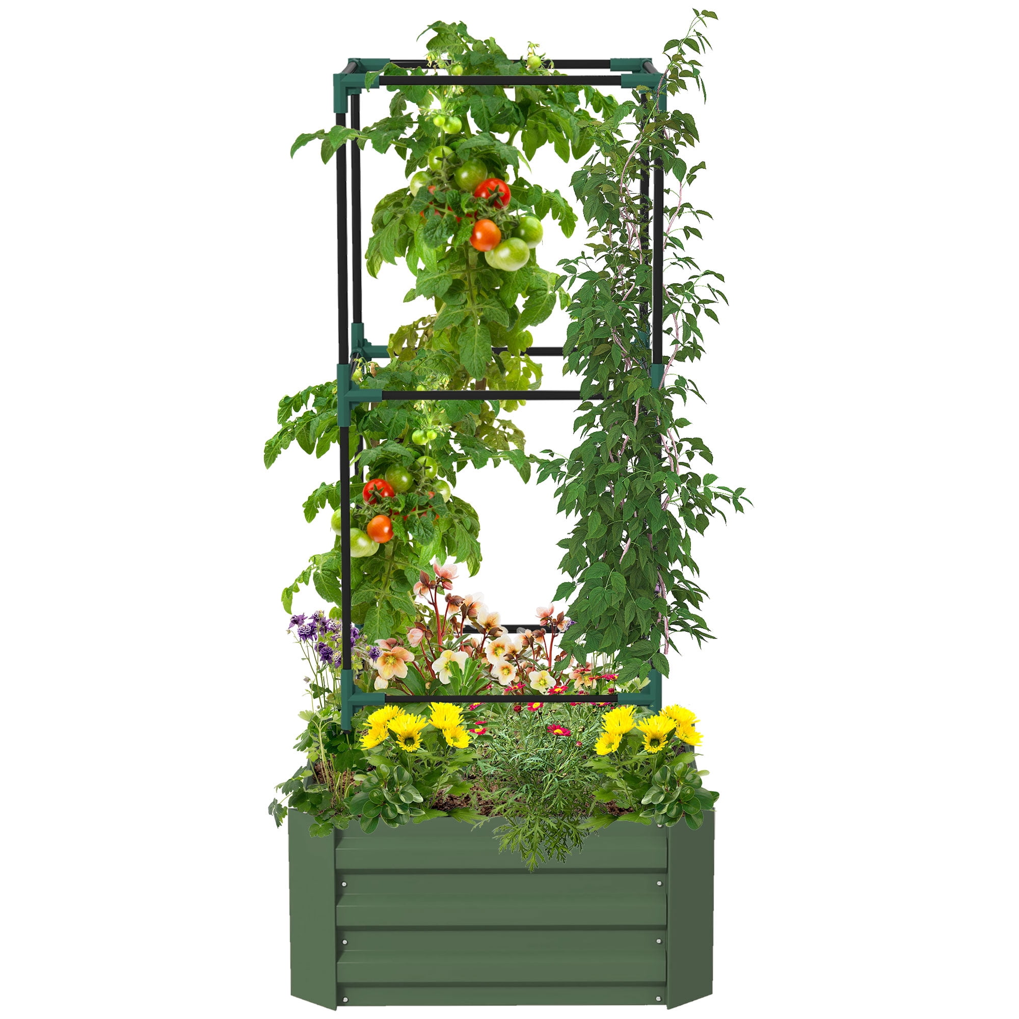 Outsunny Galvanized Raised Garden Bed with 3-Tier Trellis Tomato Cage ...