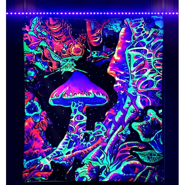 Blacklight Mushroom Tapestry, Trippy Upright Tapestry Glow In The Dark, UV Reactive Black Light ...
