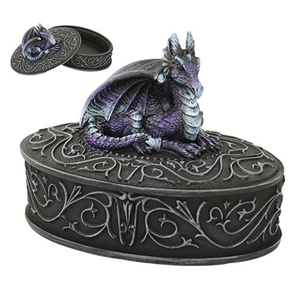 Dragon Laying on Oval Shaped Jewelry Trinket Box Mythical Fantasy ...