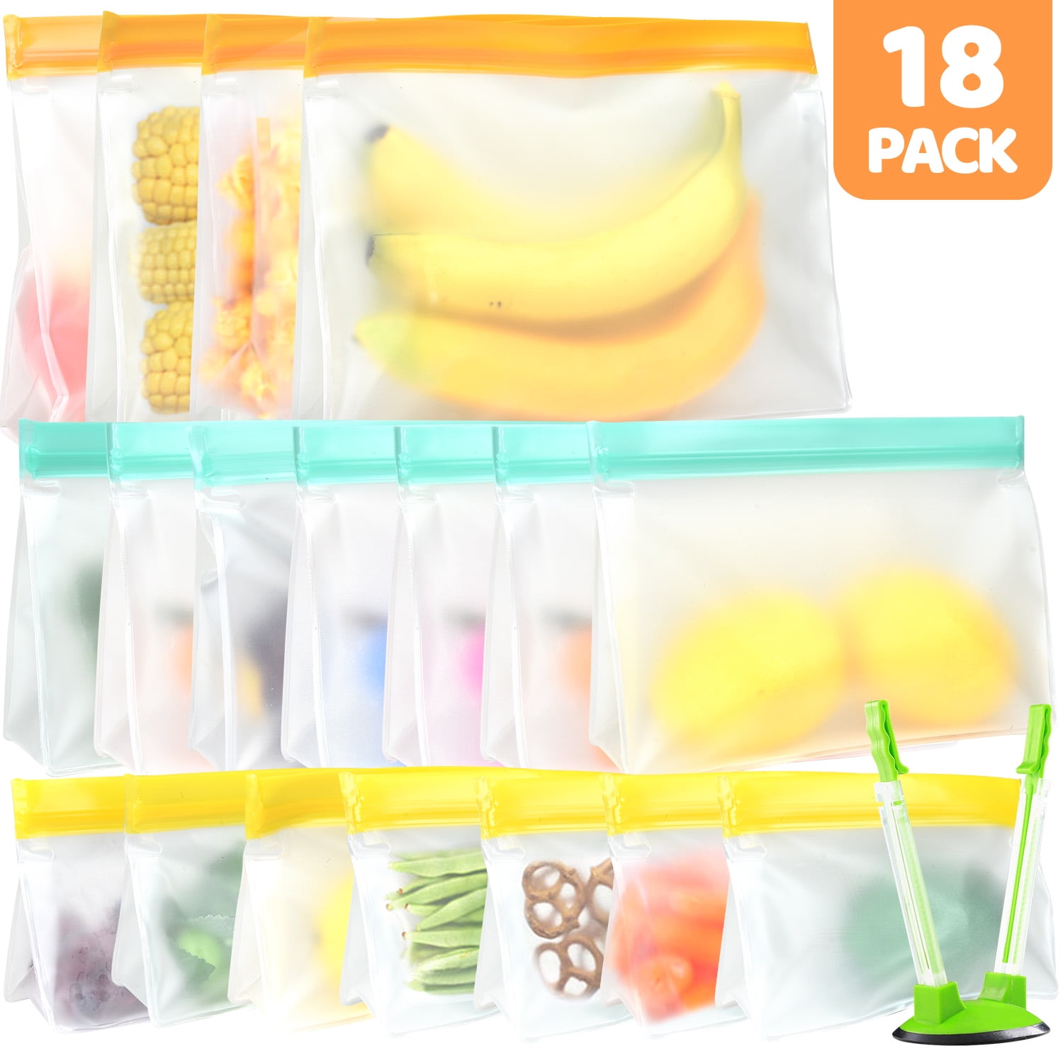 Reusable Storage Bags Stand Up with Baggy Rack, 18 Pack Reusable ...