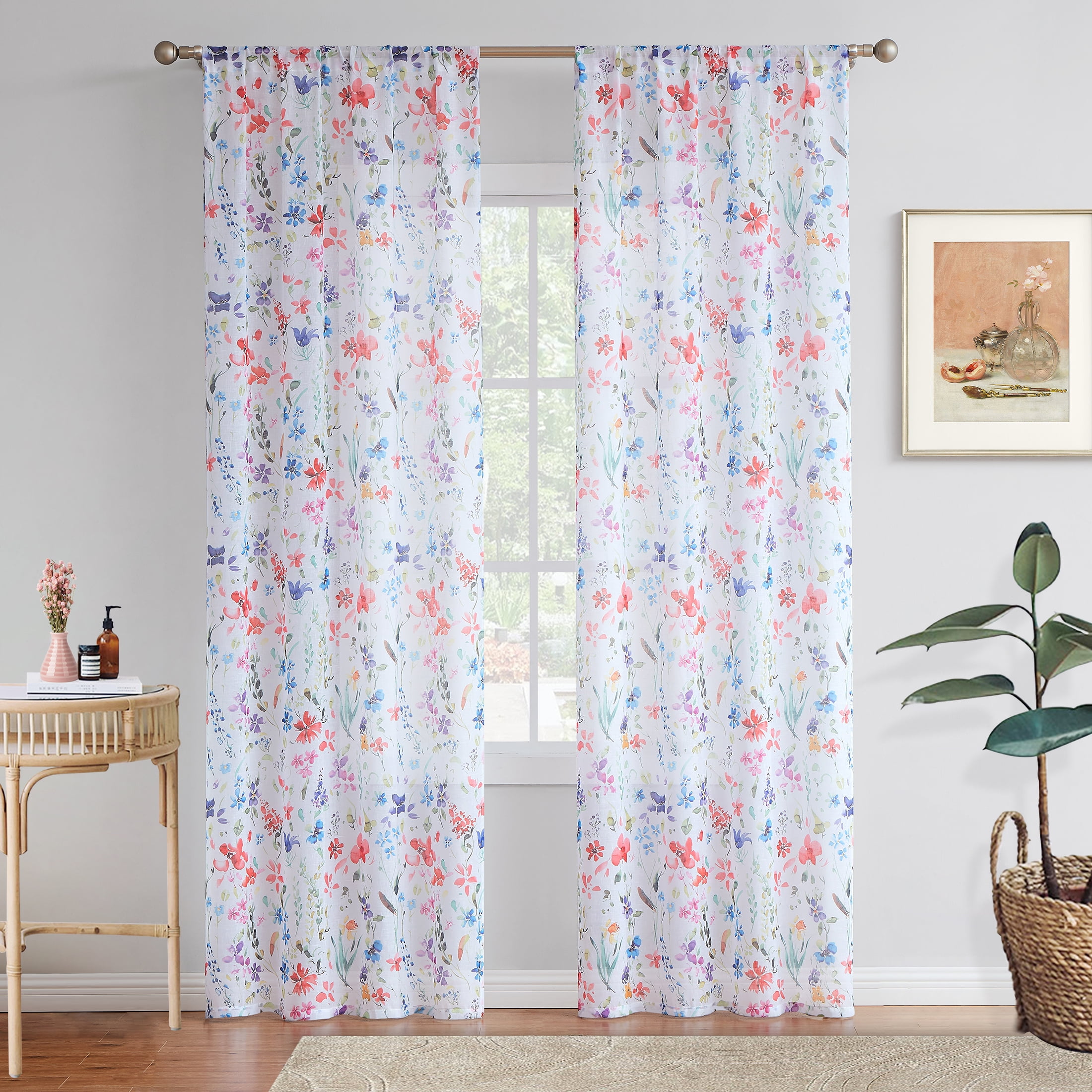 Fragrantex Watercolor Floral Sheer Curtains for Living Room 84 Inch ...