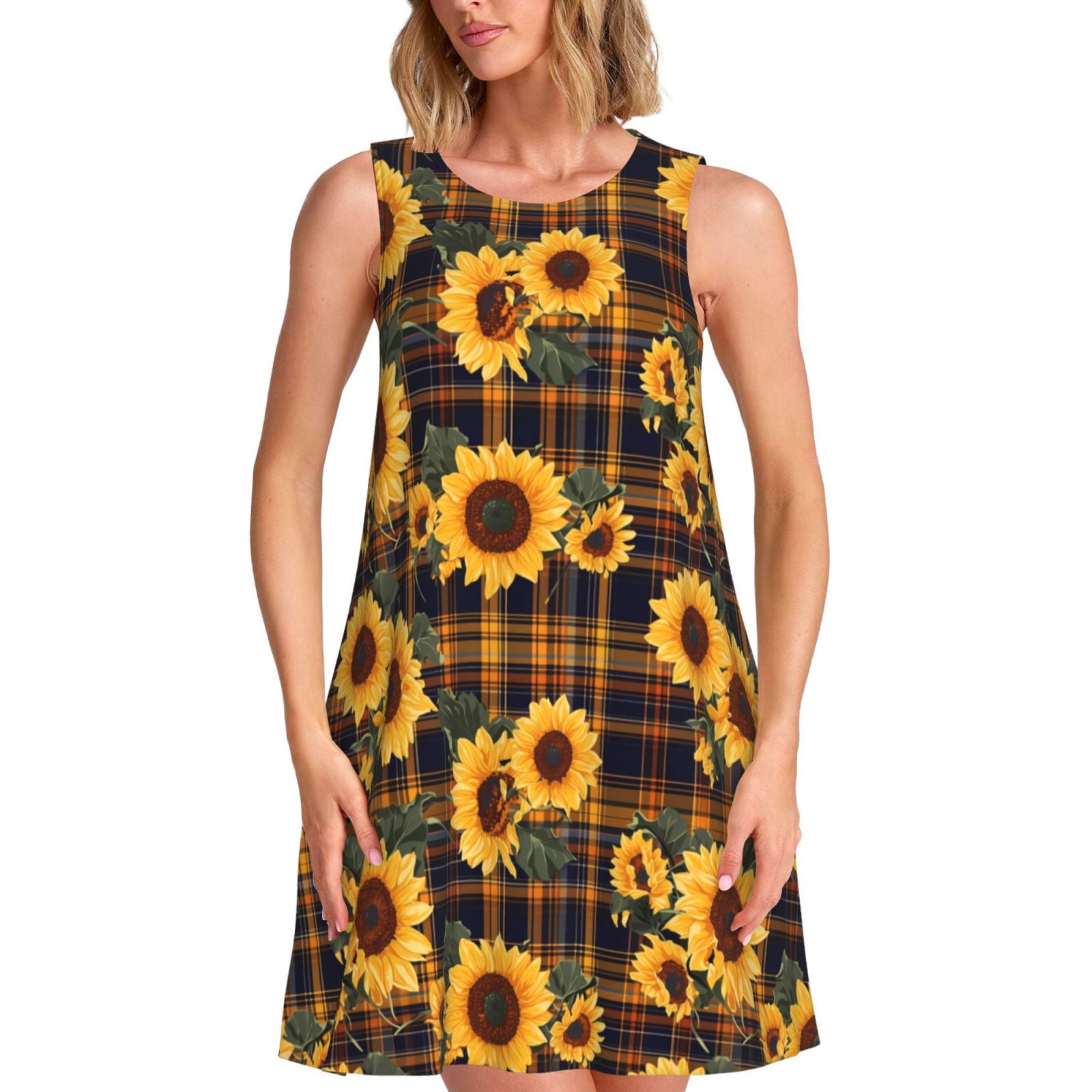 Bixox Brown Blue Plaid Sunflower Print Women's Sleeveless A-Line Dress ...