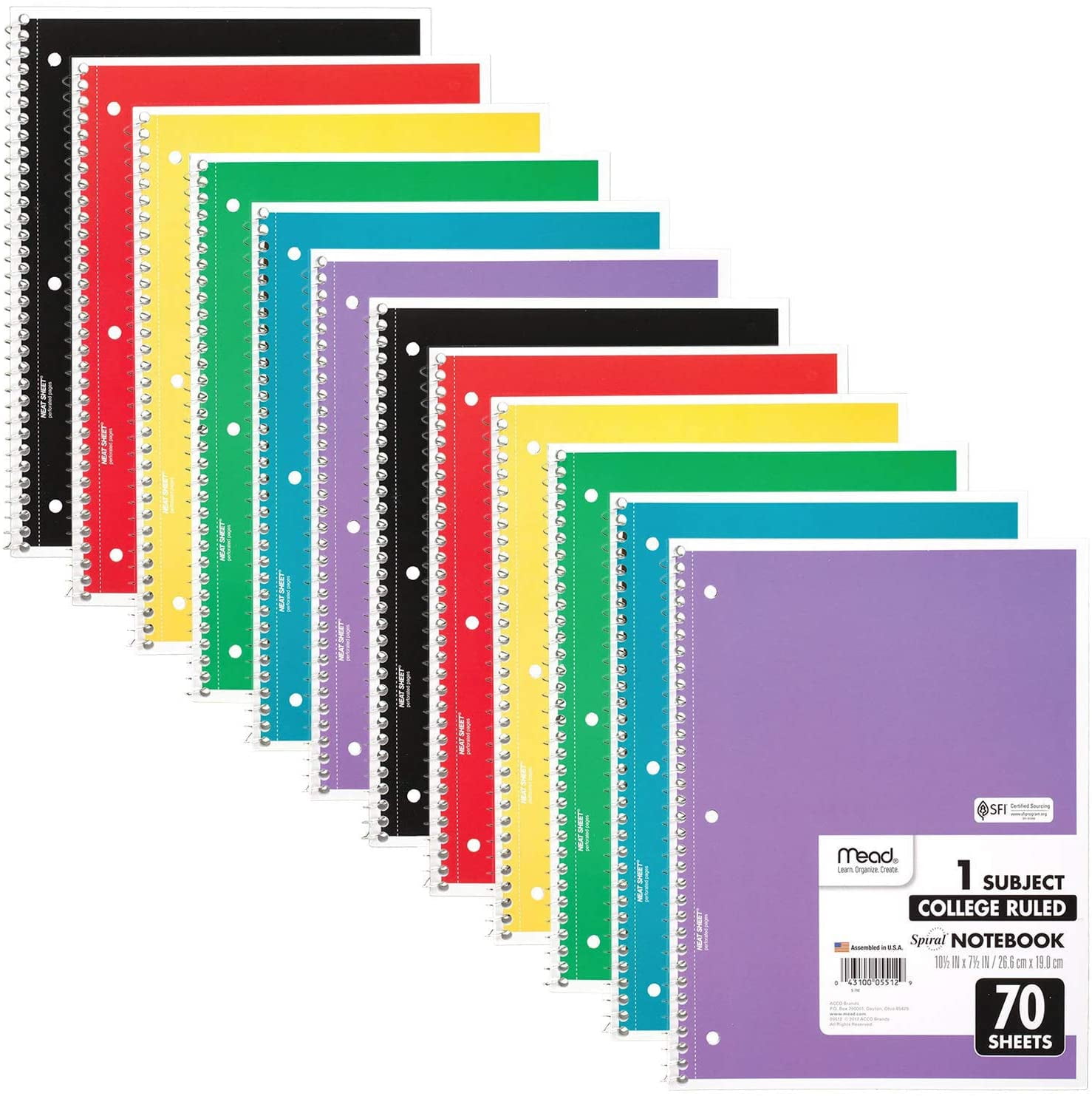 Mead Spiral Notebooks, 1 Subject, College Ruled, 70 Sheets, 12 Pack ...