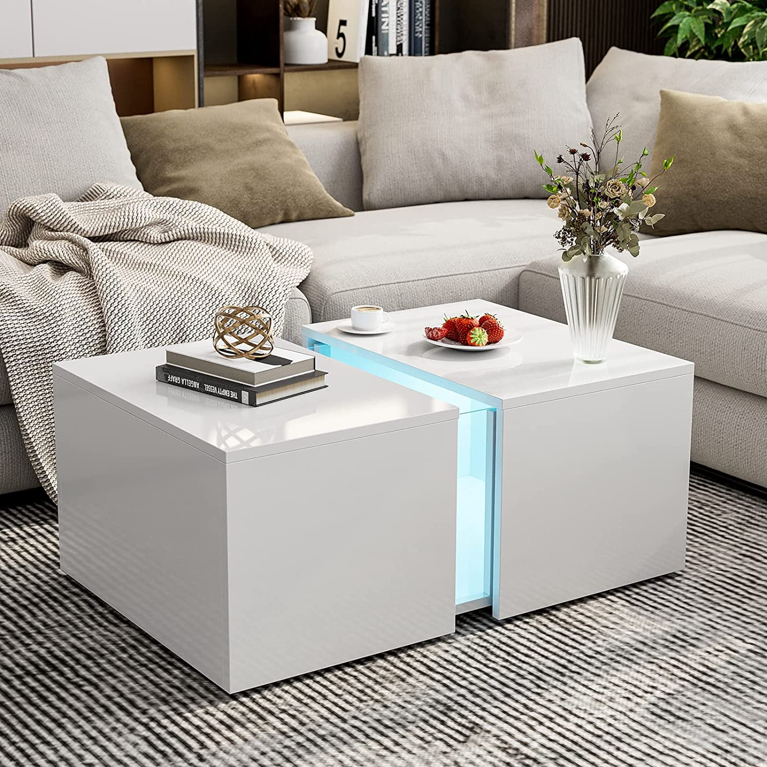 IKIFLY Modern High Gloss Coffee Table with 16 Colors LED Lights and ...