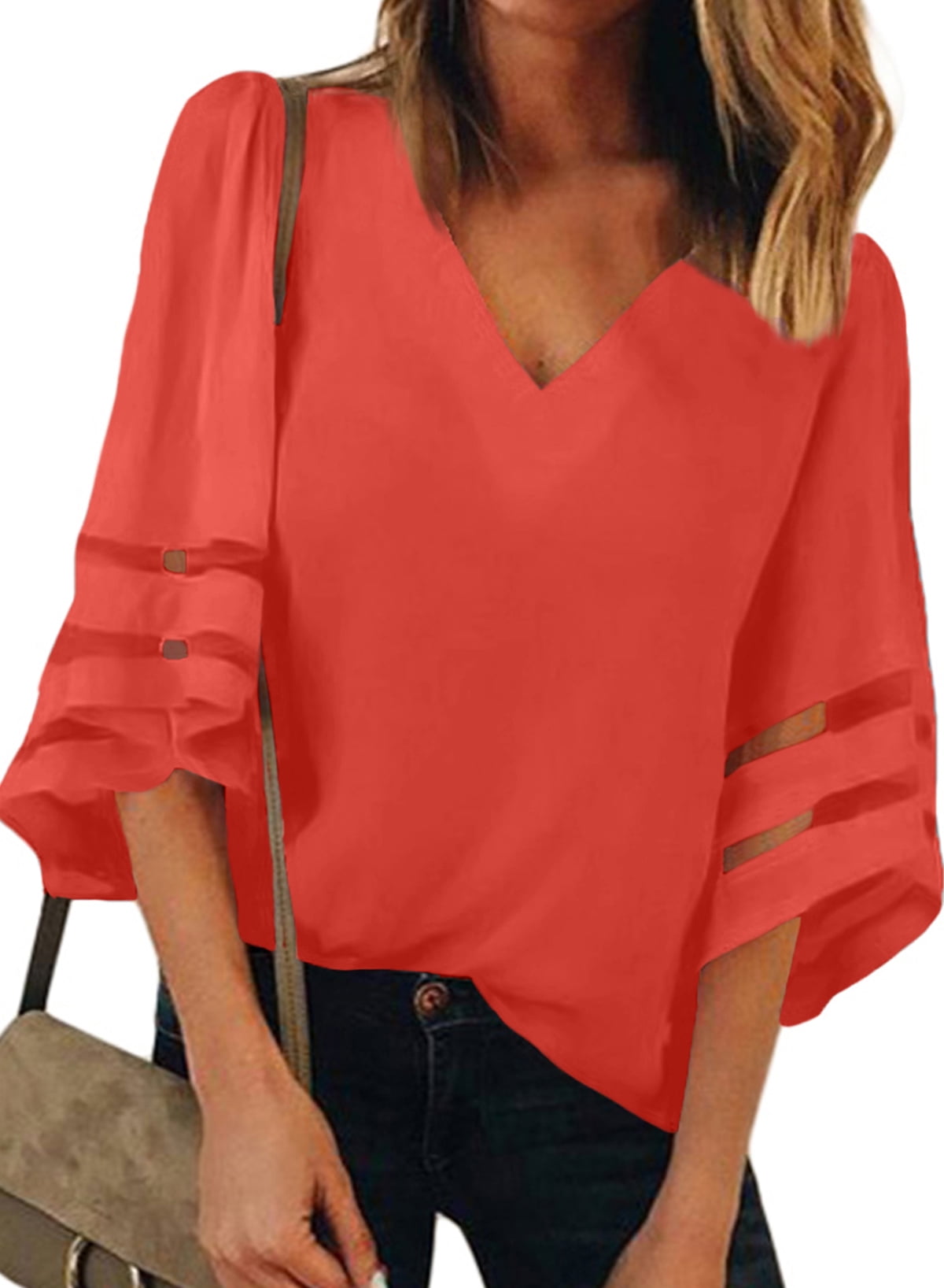 Sidefeel Summer Office Tops for Women Loose Fit Tunic Tops Bell Sleeve ...
