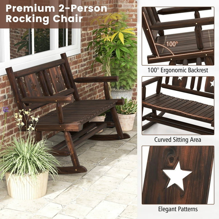 Costway 2 PCS Patio Rocking Bench Carbonized Wood Double Rocker Chair with Ergonomic Seat Rustic