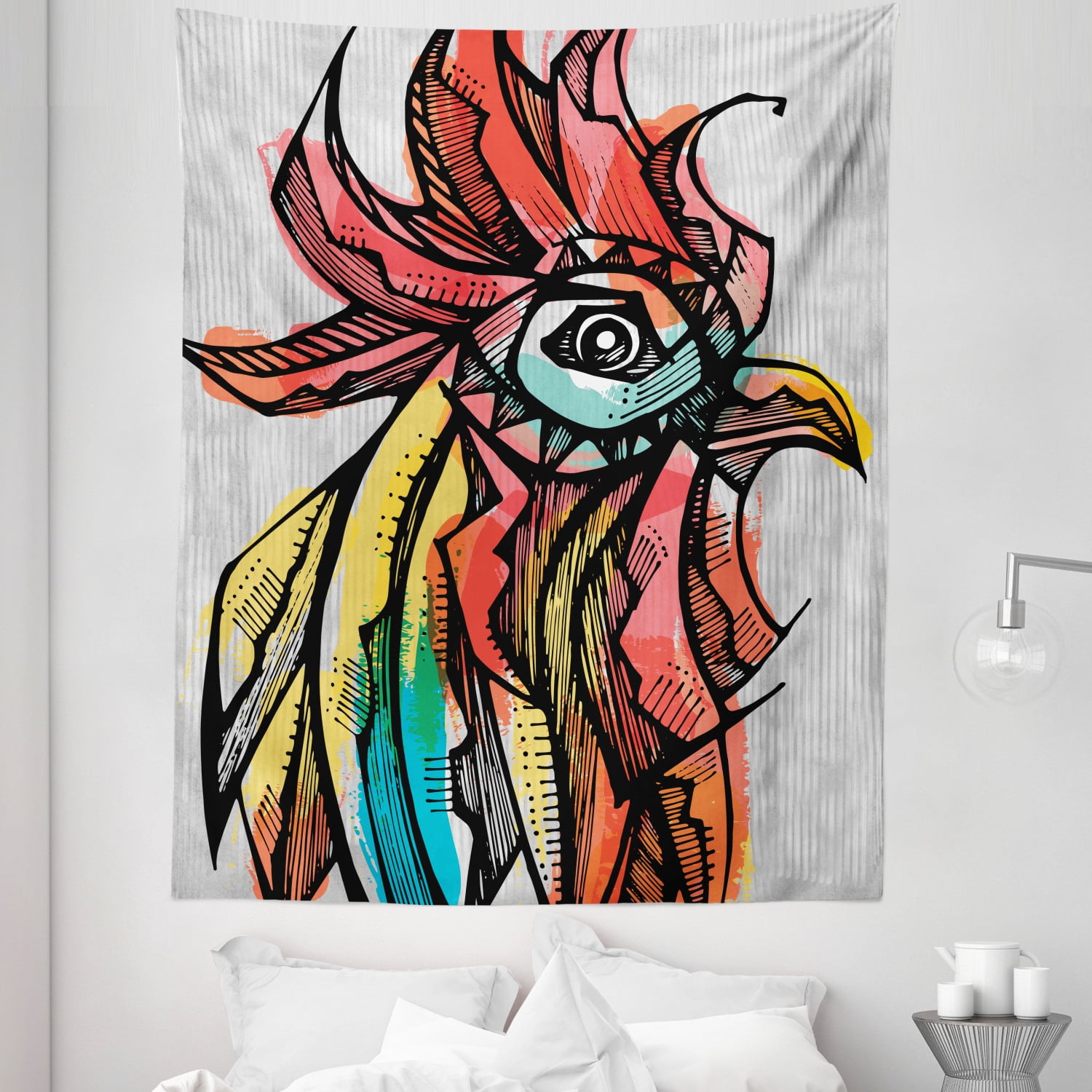 Rooster Tapestry, Watercolor Colorful Contemporary Art Style Cockerel ...