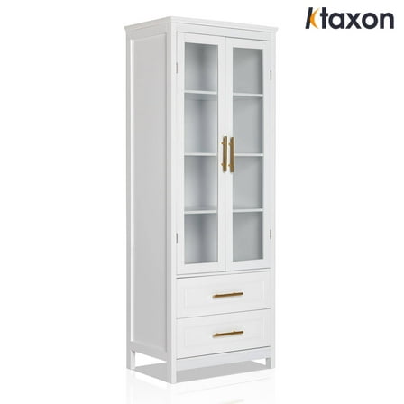 Tammi Antique White and Brown 2-Door Tall Cabinet: Large Glass and Wood ...
