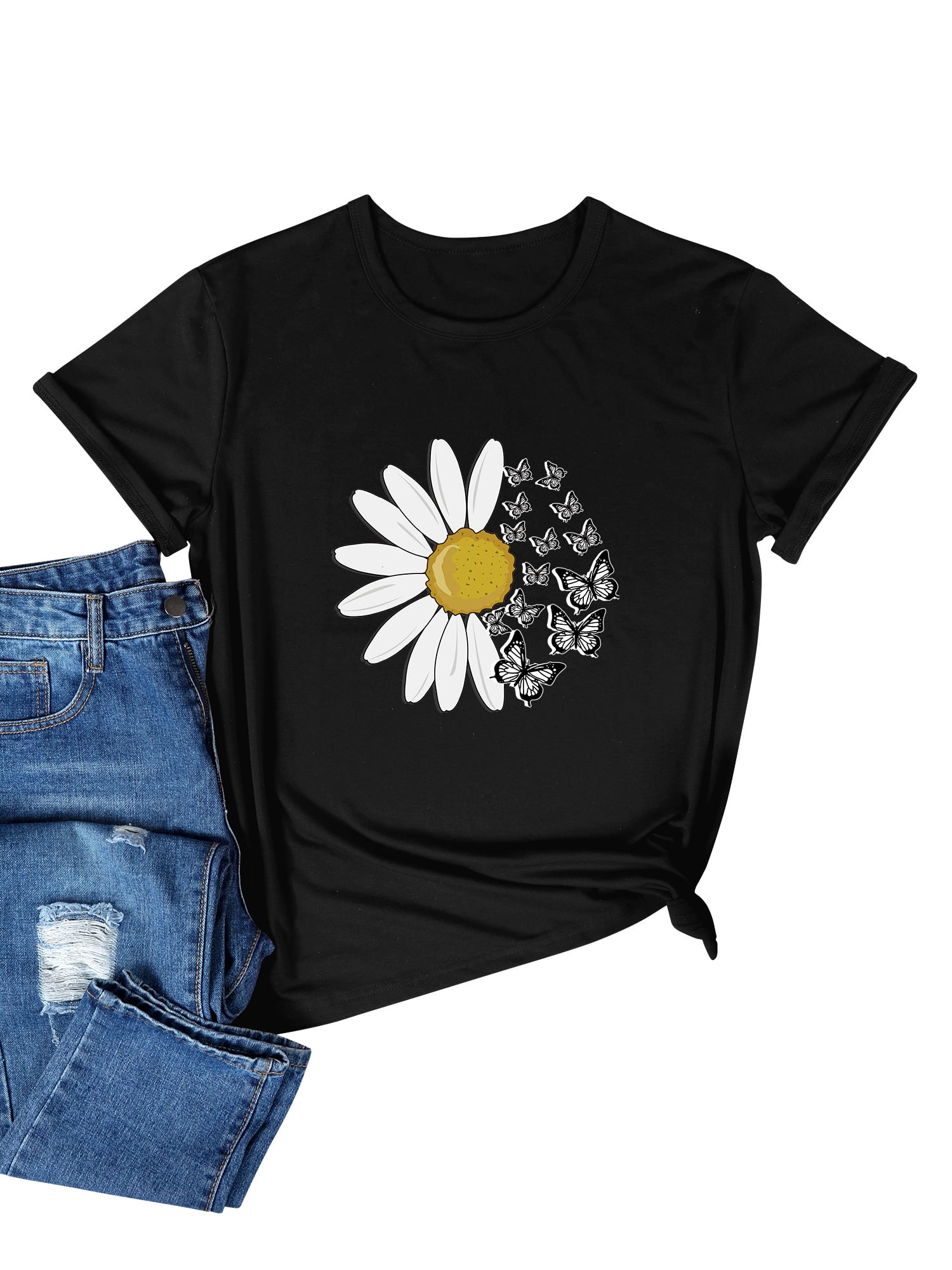 Xuanfei Women Butterflies Daisy Graphic Print Round Neck Short Sleeve T ...