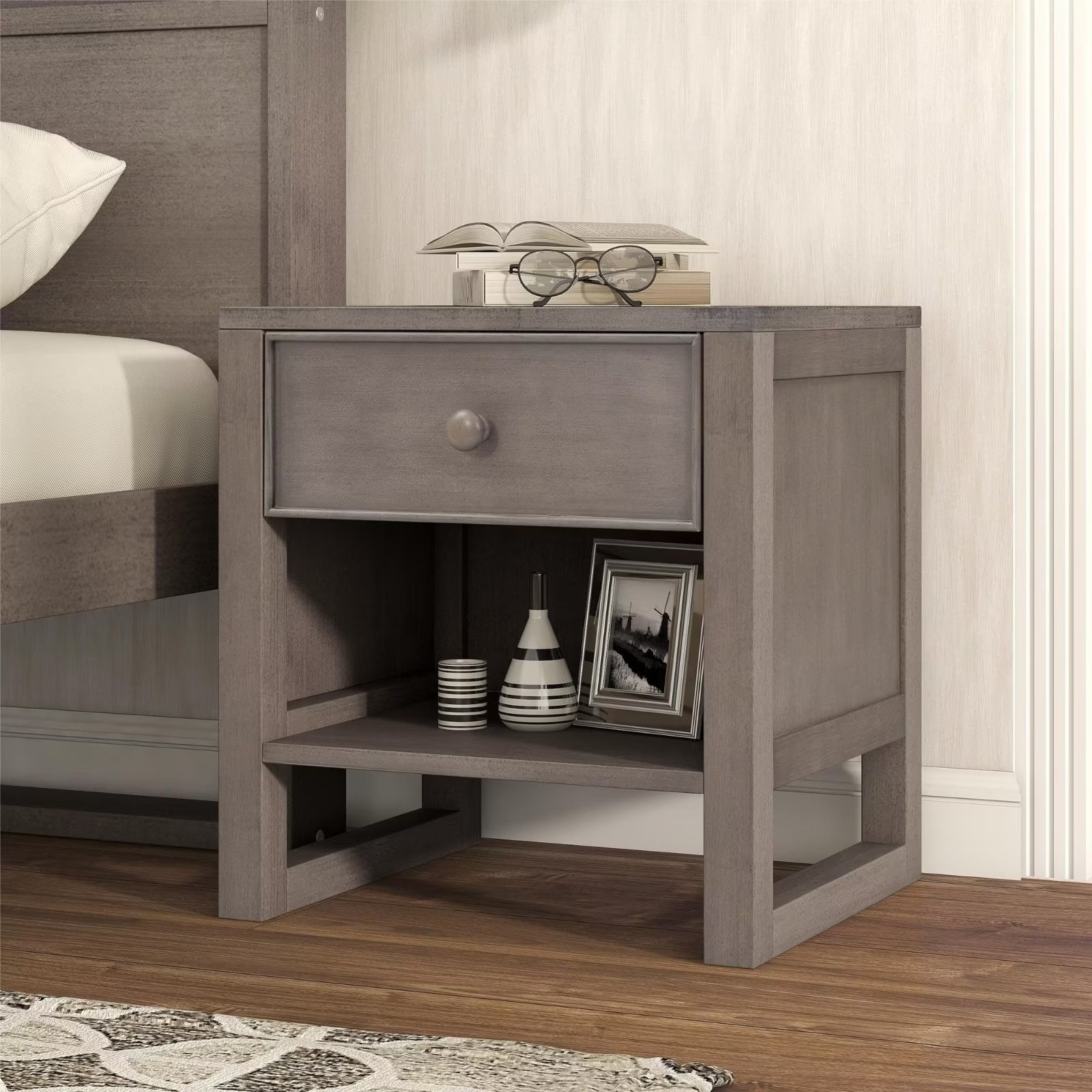 Retro Nightstand with 1 Storage Drawers and 1 Open Bottom Shelf, Wooden ...