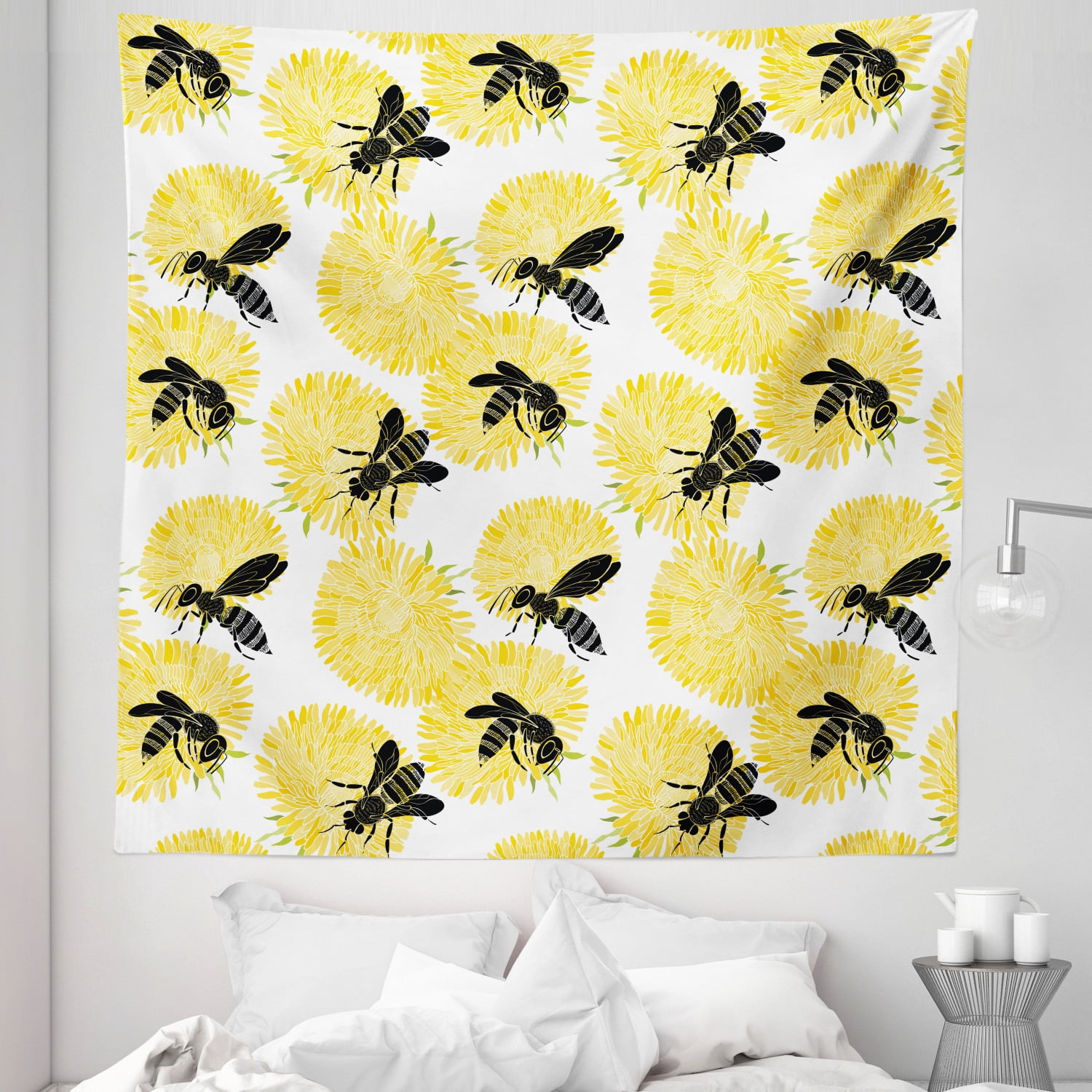 Bee Tapestry, Bees and Dandelion Flowers in Nature Detail Theme on ...