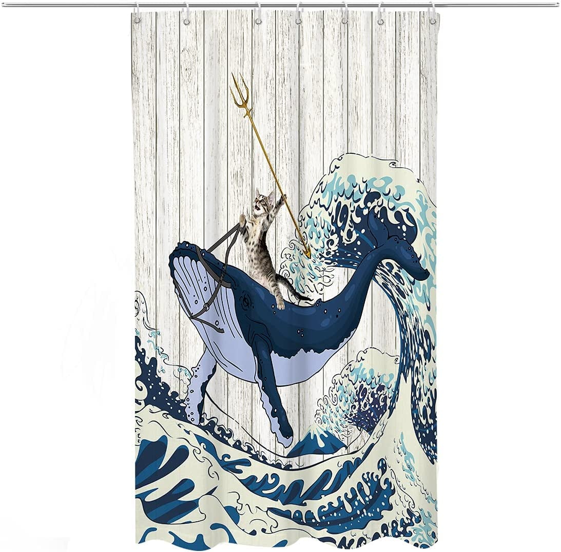 Funny Cat Shower Curtain 72x72 inch Cute Animal Riding Whale Ocean Wave ...