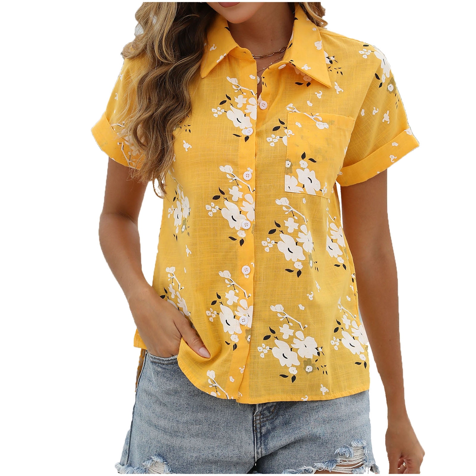 Summer Tops for Women Printed Short Sleeve Cotton Linen Button down ...