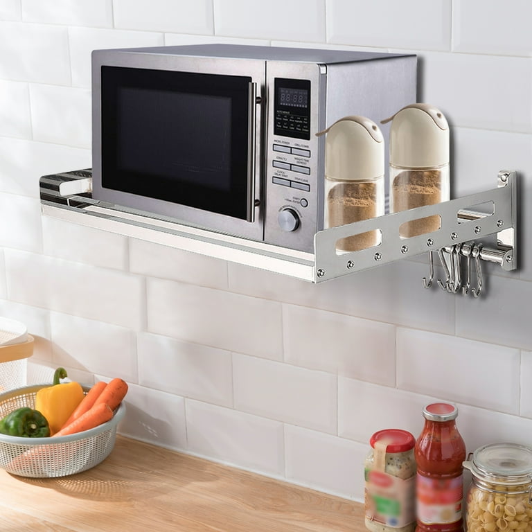 Loyalheartdy Wall Mount Microwave Oven Bracket 201 Stainless Steel Wall Seasoning Shelf w 12 Hooks for Kitchen Silver Size 60 40 14cm 23.6 15.7