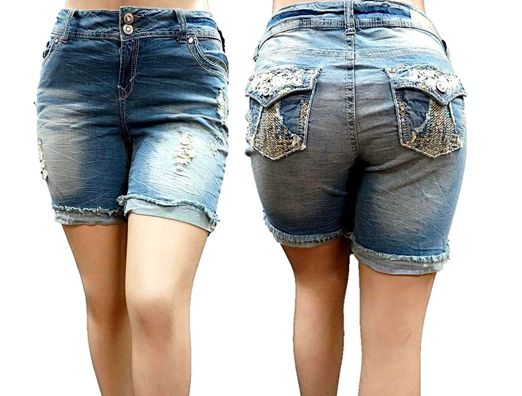 Jack David Womens Plus Size Short Stretch Distressed Ripped Blue Denim ...