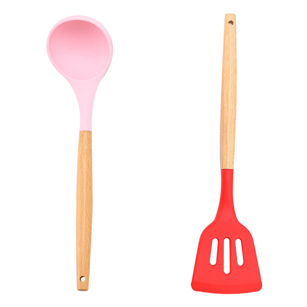 Kitchen Utensils Silicone Set, Heat Resistant Cookware with Wooden ...