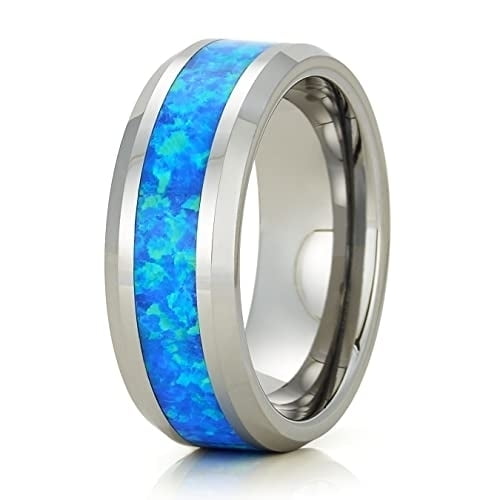 Opal Wedding Ring,Blue Opal Wedding Band,Tungsten Wedding Ring,Tungsten ...