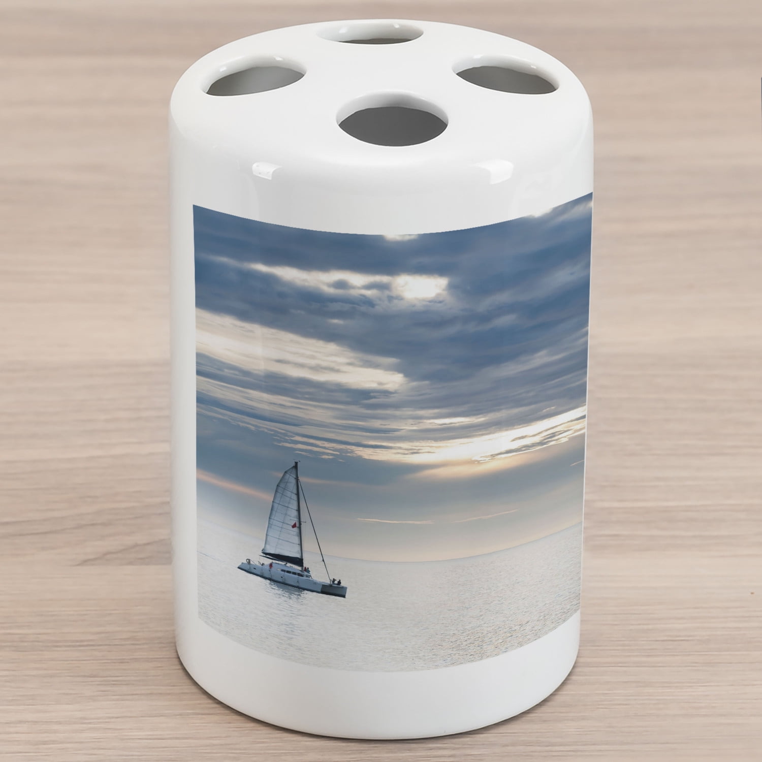 Nautical Ceramic Toothbrush Holder, Sailing Yacht in the Morning Time ...