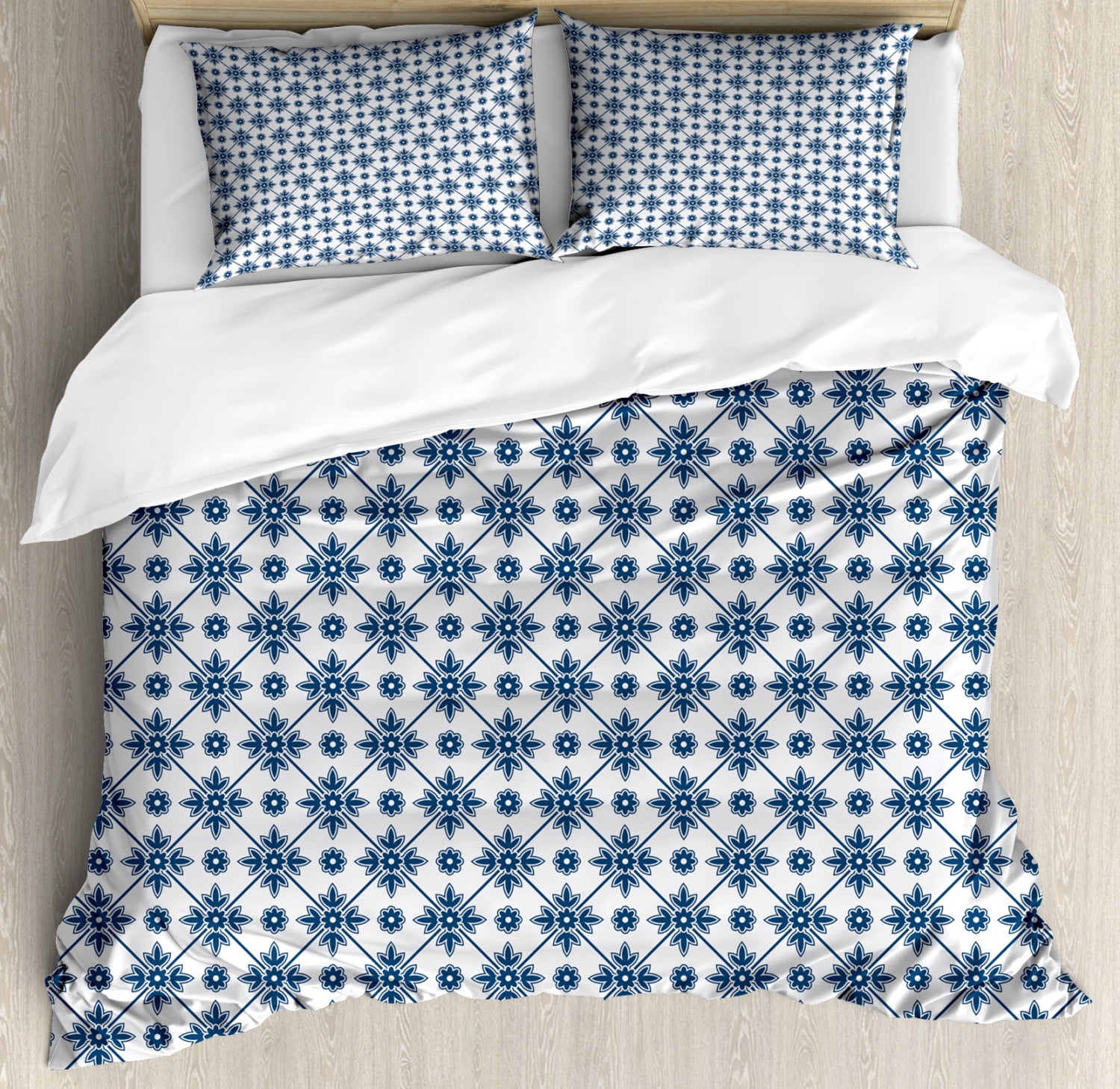 Dutch Queen Size Duvet Cover Set, Blooming Floral Pattern with Rhombus ...