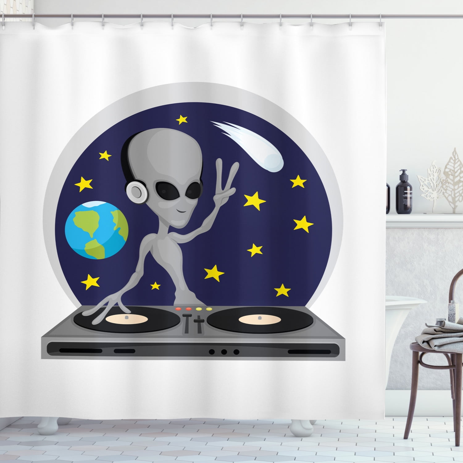 Ambesonne Science Party Shower Curtain, Alien and Turntable, 69"Wx75"L ...