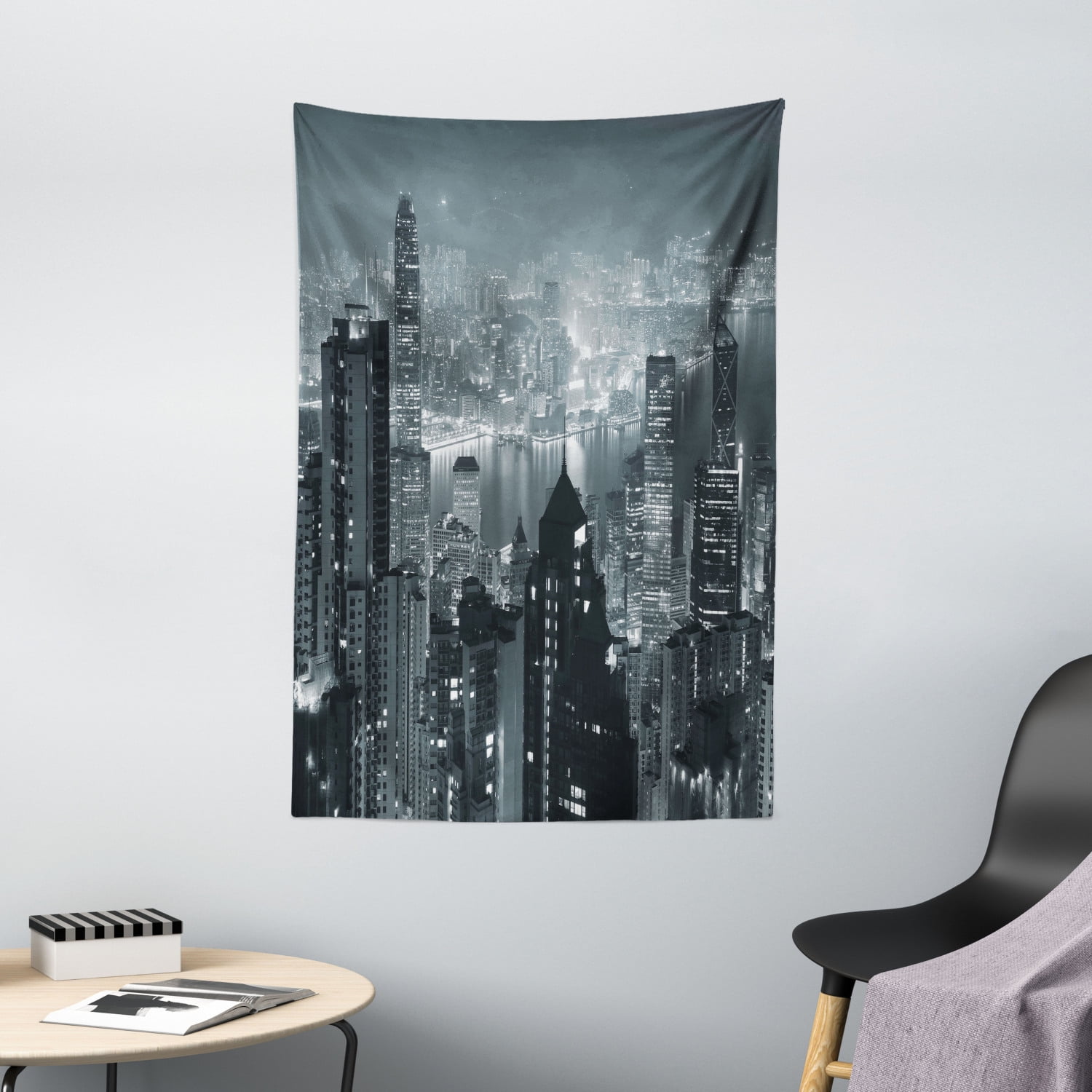 City Decor Tapestry, Aerial Night of View Hong Kong Skyline Famous ...