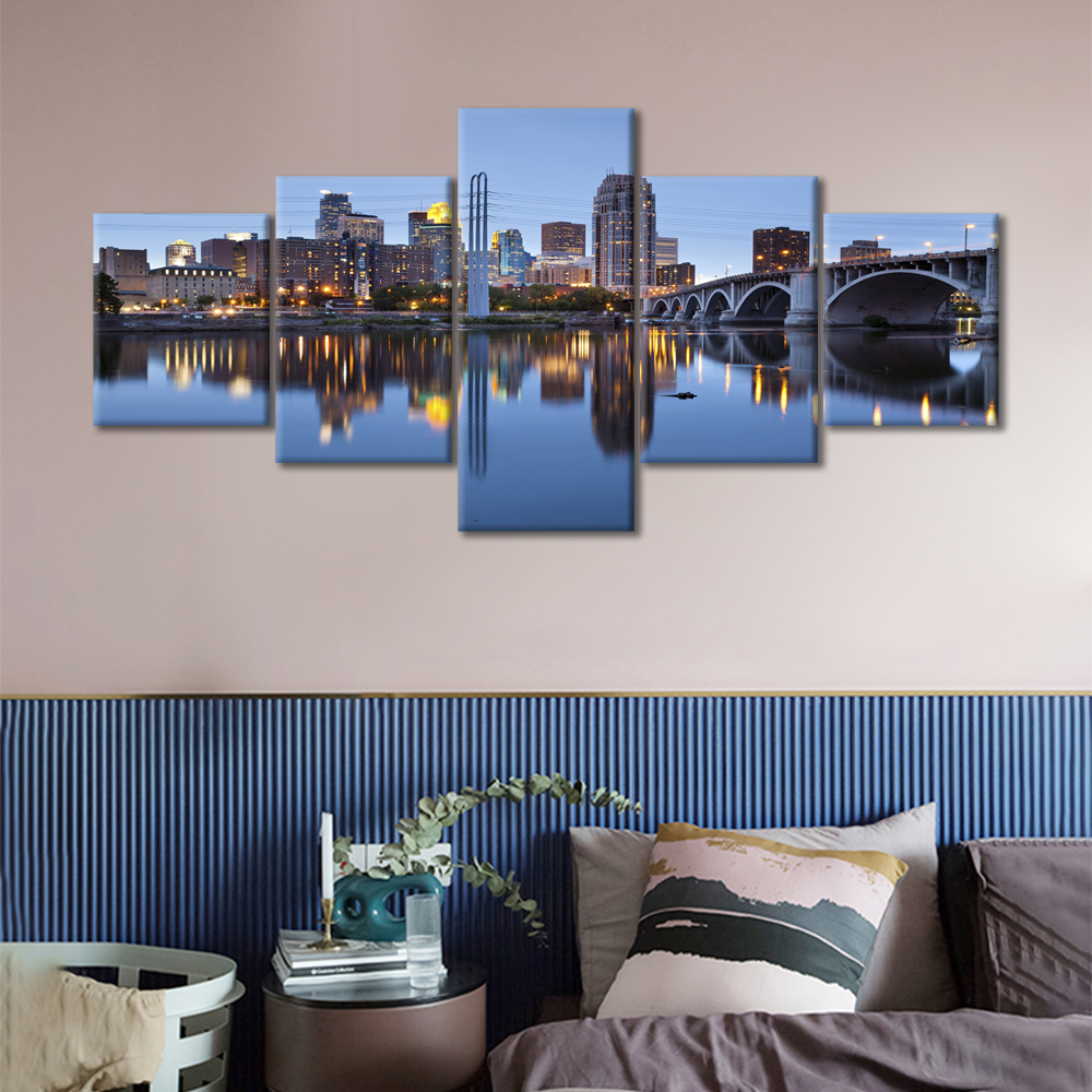 TISHIRON 5PCS Framed Canvas Wall Art Set,50"x24" Mississippi River Bridge Canvas Art Decor ...