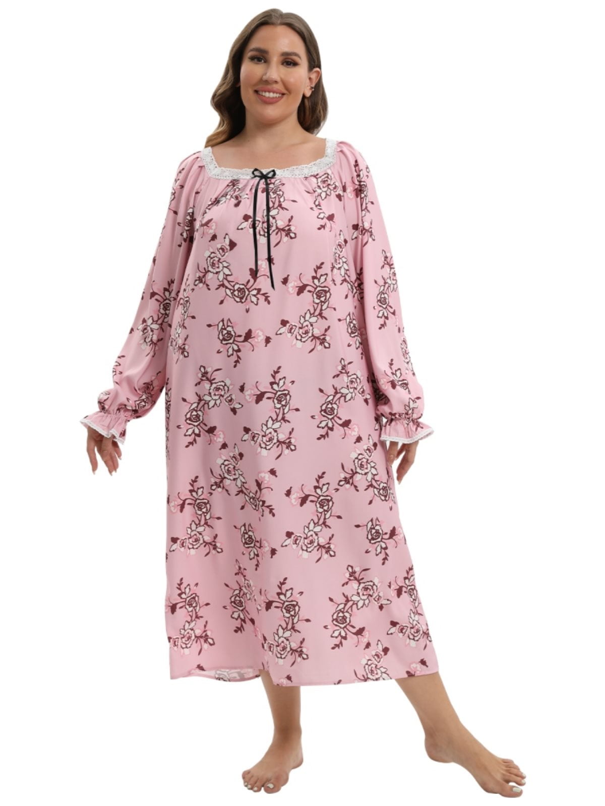 EFINNY Women's Plus Size Long Nightgowns Floral Print Long Sleeve Long ...