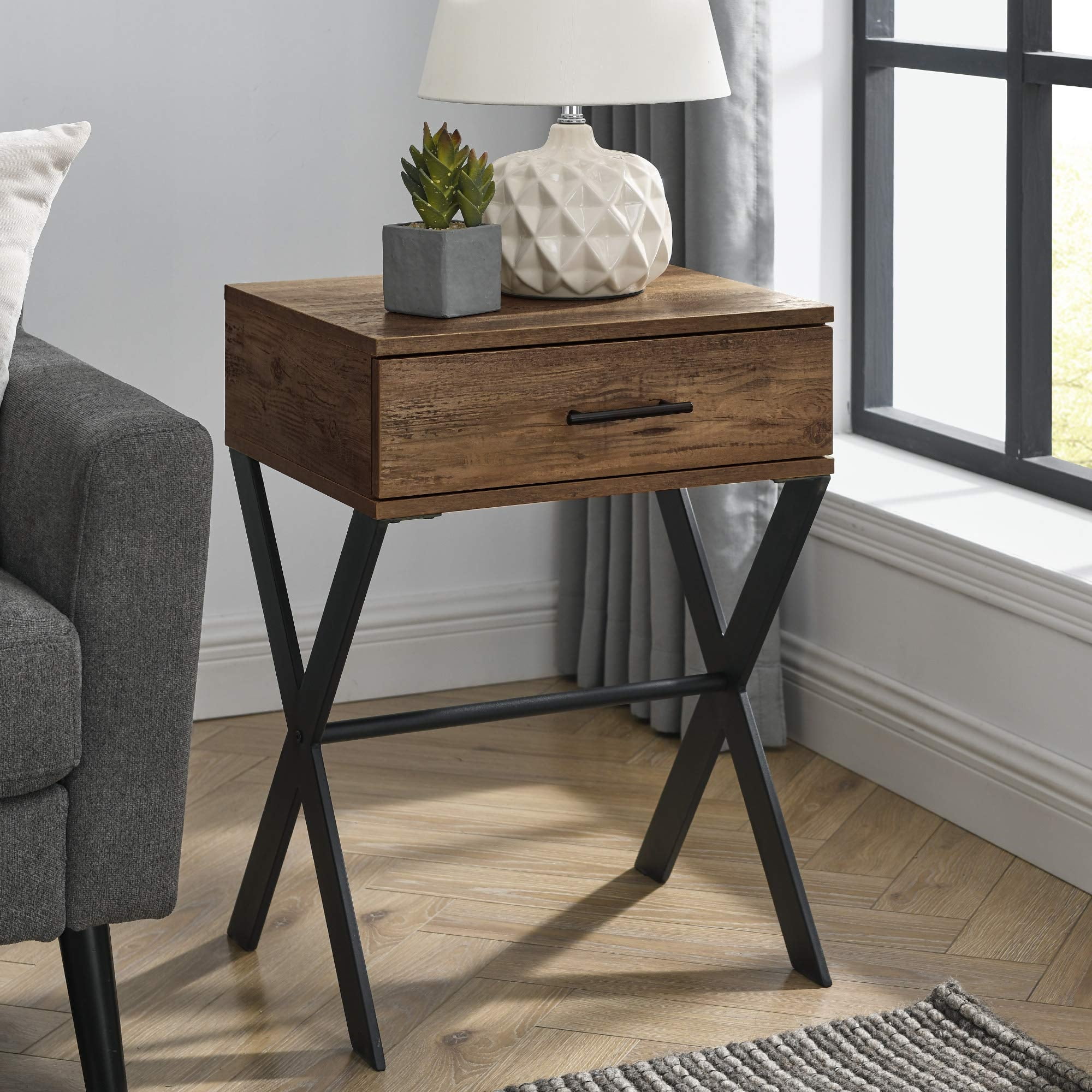 Walker Edison Metal Wood Small Side End Beside Table 1 Drawer X Leg ...