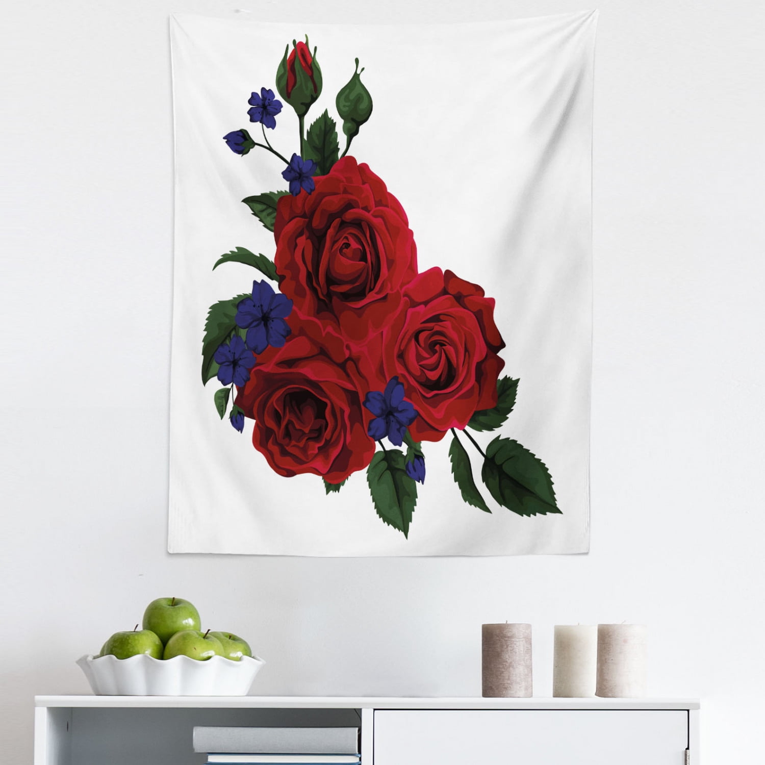 Rose Tapestry, Blooming Red Roses Gentle Wild Flowers Leaves Bouquet ...