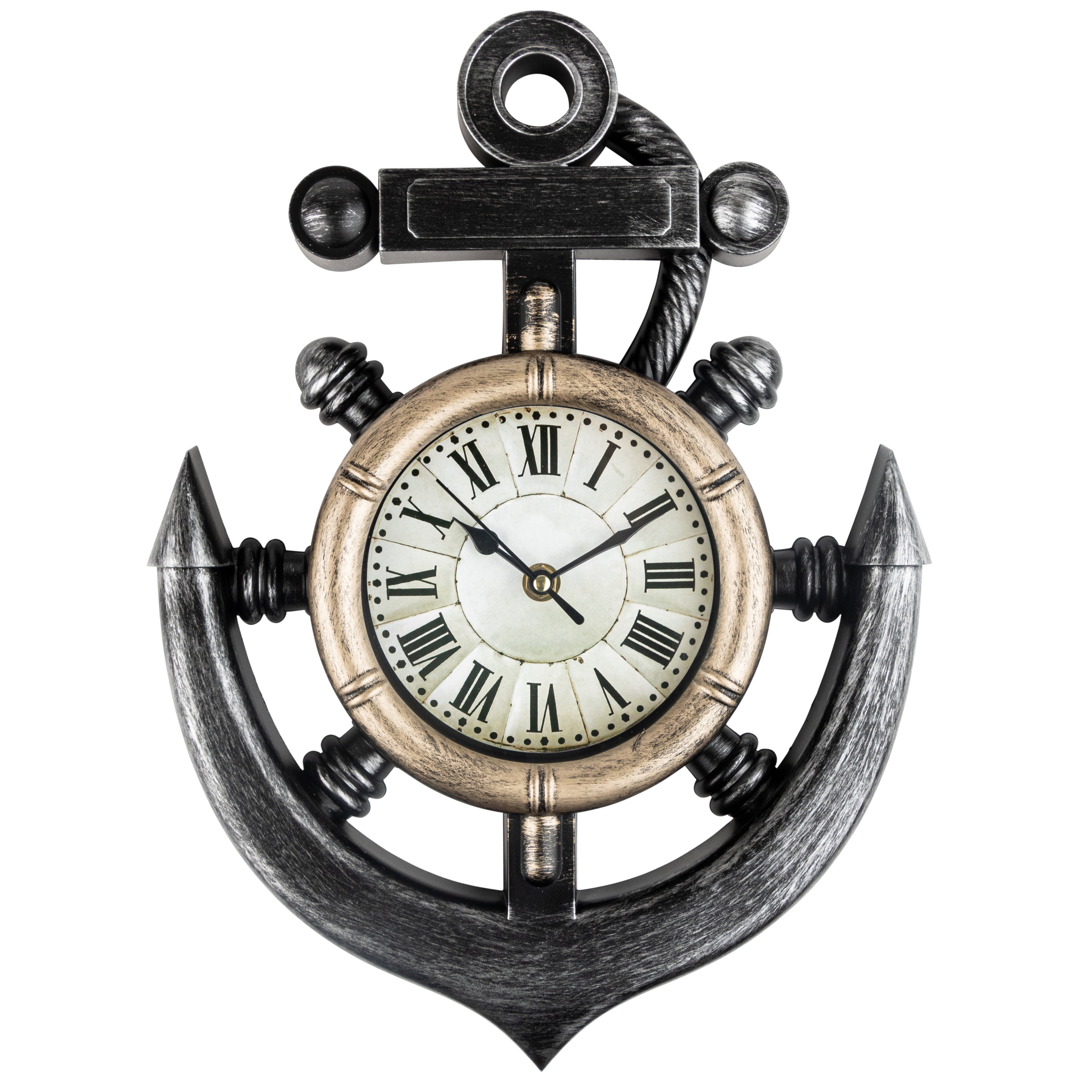 Anchor and Ships Wheel Large Nautical Themed Wall Clock, Weathered Iron ...