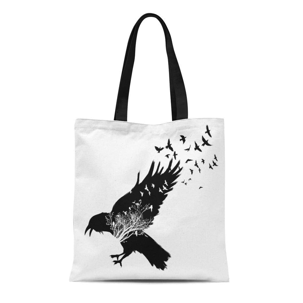 SIDONKU Canvas Tote Bag Crow Raven Double Exposure Trees and Birds ...